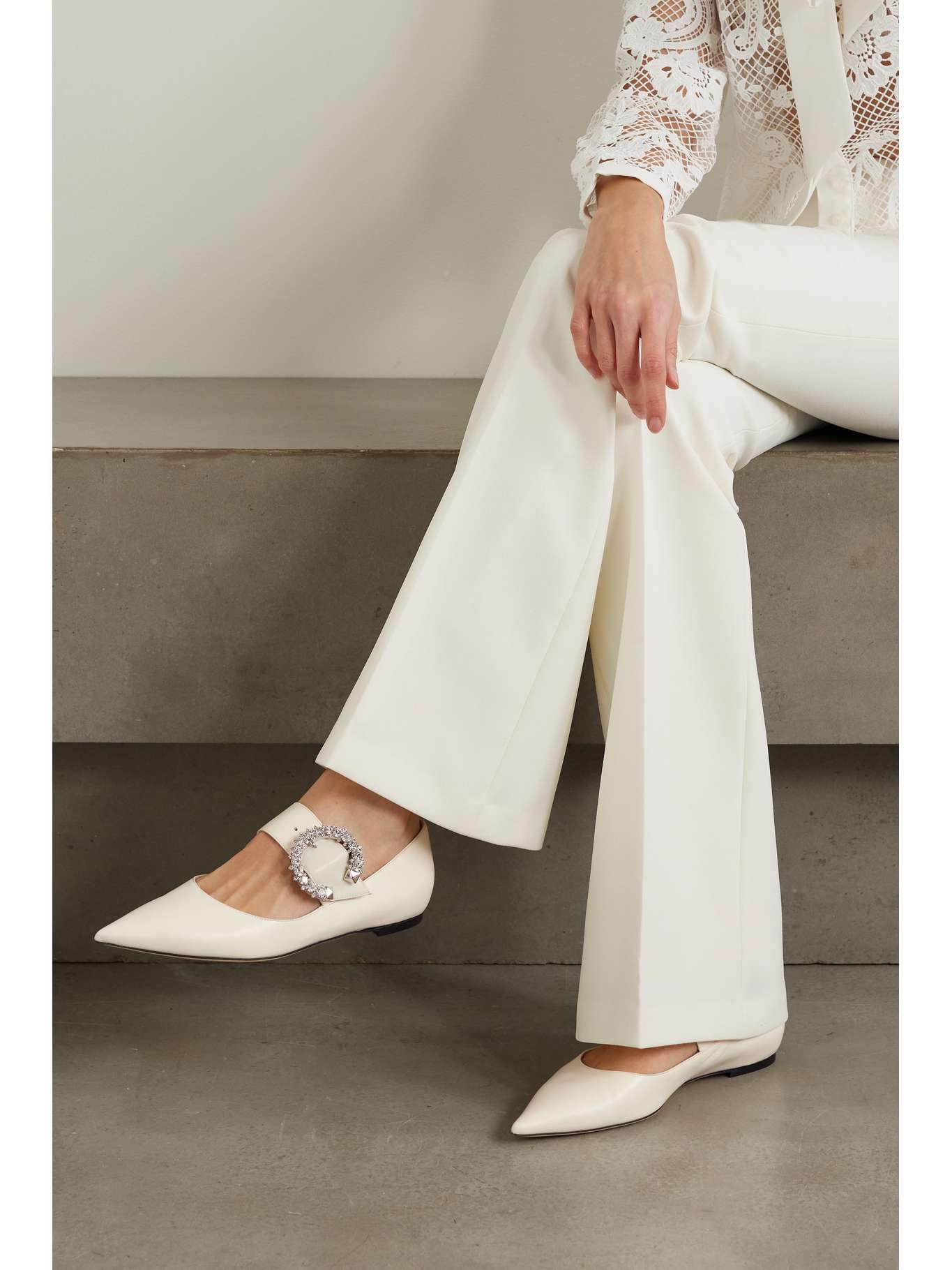 JIMMY CHOO Melva crystal-embellished leather point-toe flats | NET-A-PORTER