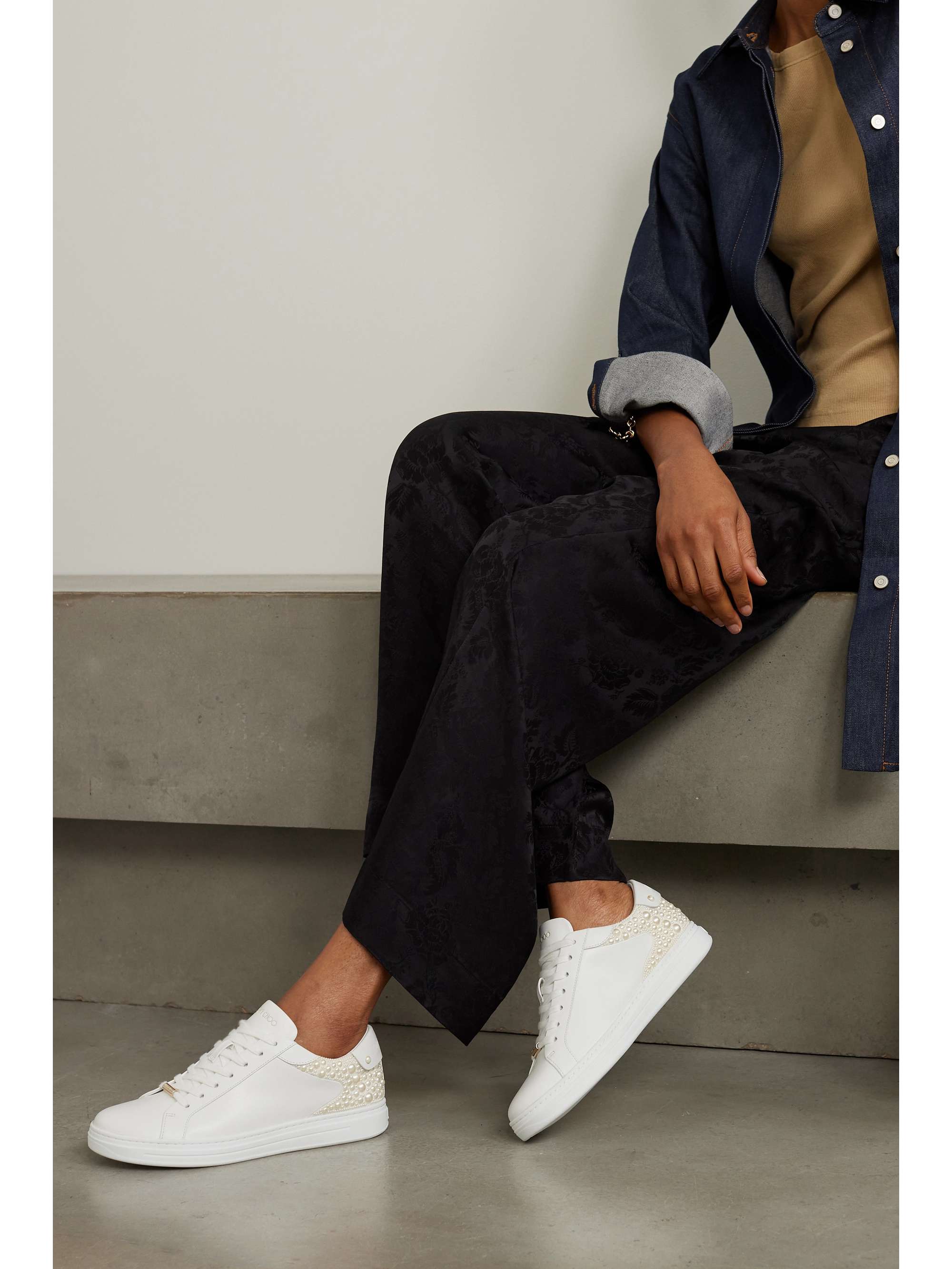 White Rome faux pearl-embellished canvas and leather sneakers | JIMMY CHOO | NET-A-PORTER