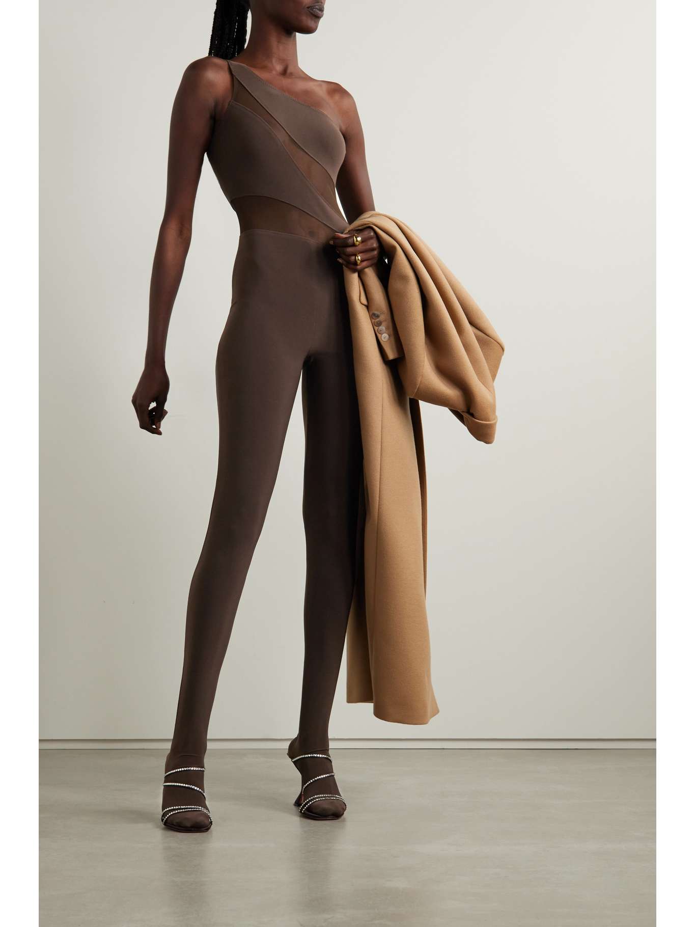 NORMA KAMALI Snake one-shoulder mesh-paneled stretch-jersey jumpsuit ...
