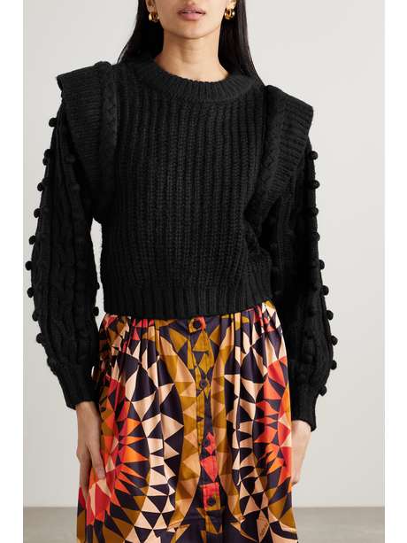 FARM RIO Pom pom-embellished braided knit sweater | NET-A-PORTER