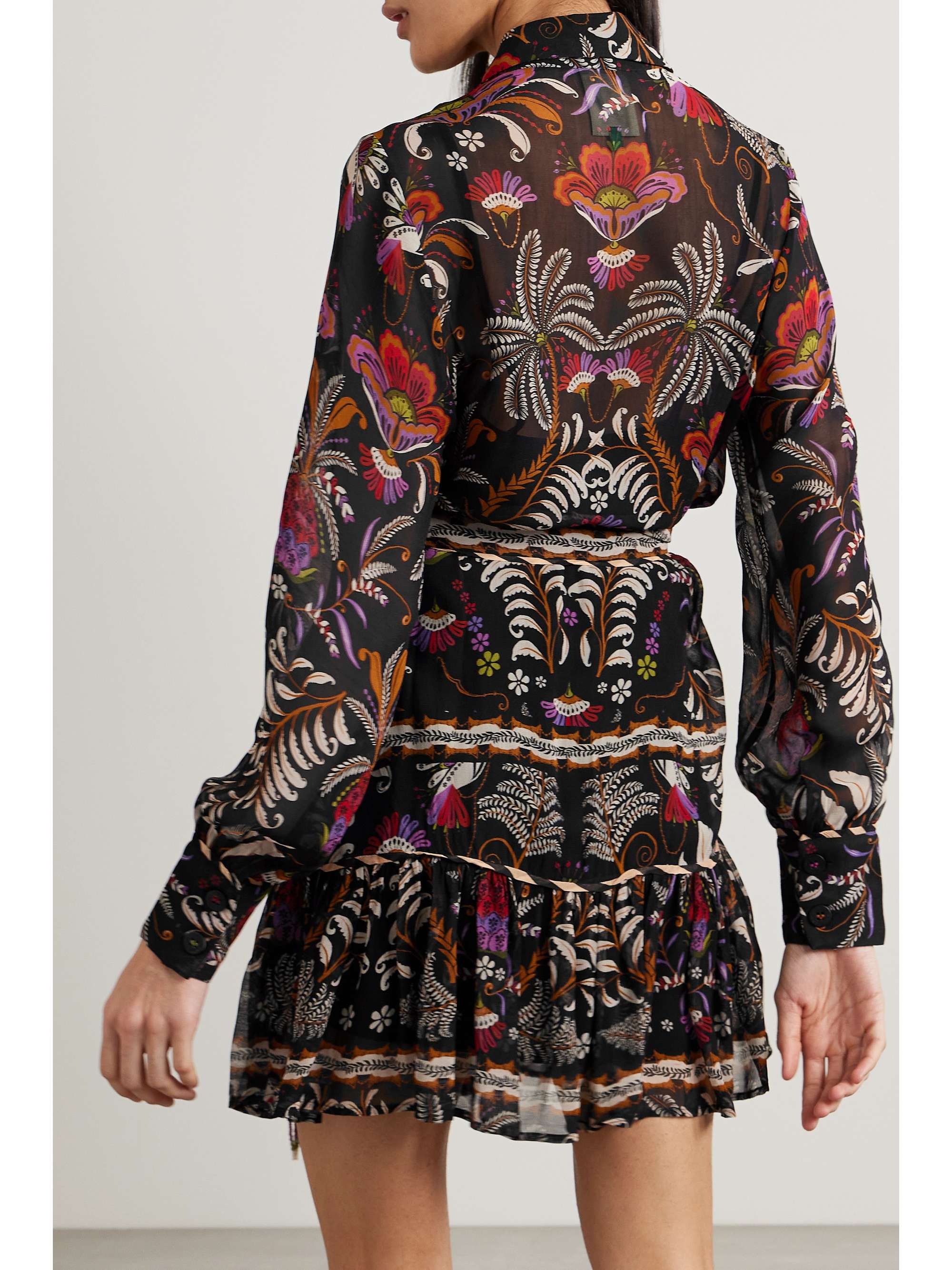 FARM RIO Belted ruffled printed georgette mini shirt dress | NET-A-PORTER