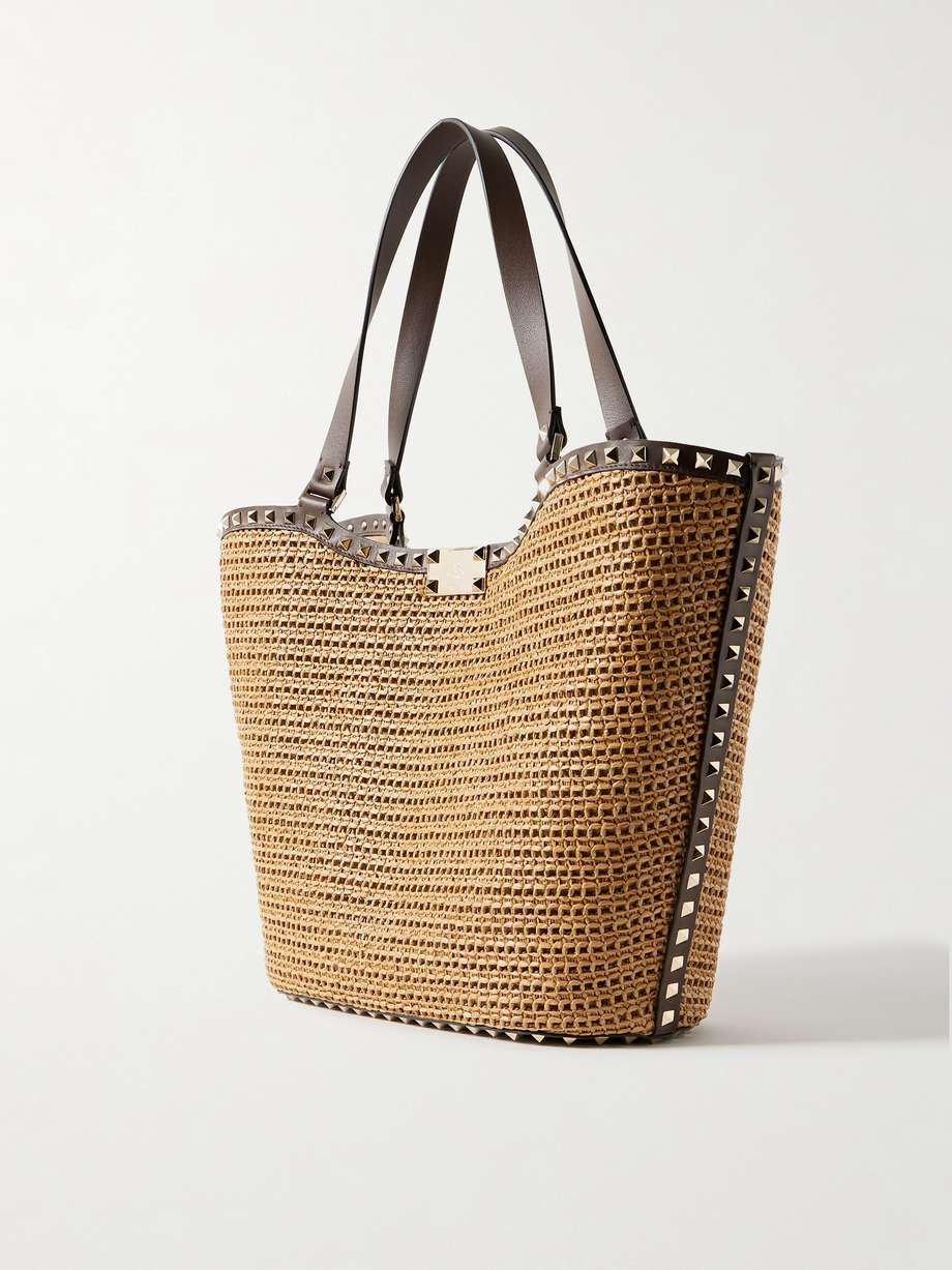 VALENTINO GARAVANI Rockstud leather-trimmed raffia tote | NET-A-PORTER
