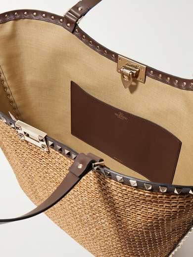 VALENTINO GARAVANI Rockstud leather-trimmed raffia tote | NET-A-PORTER