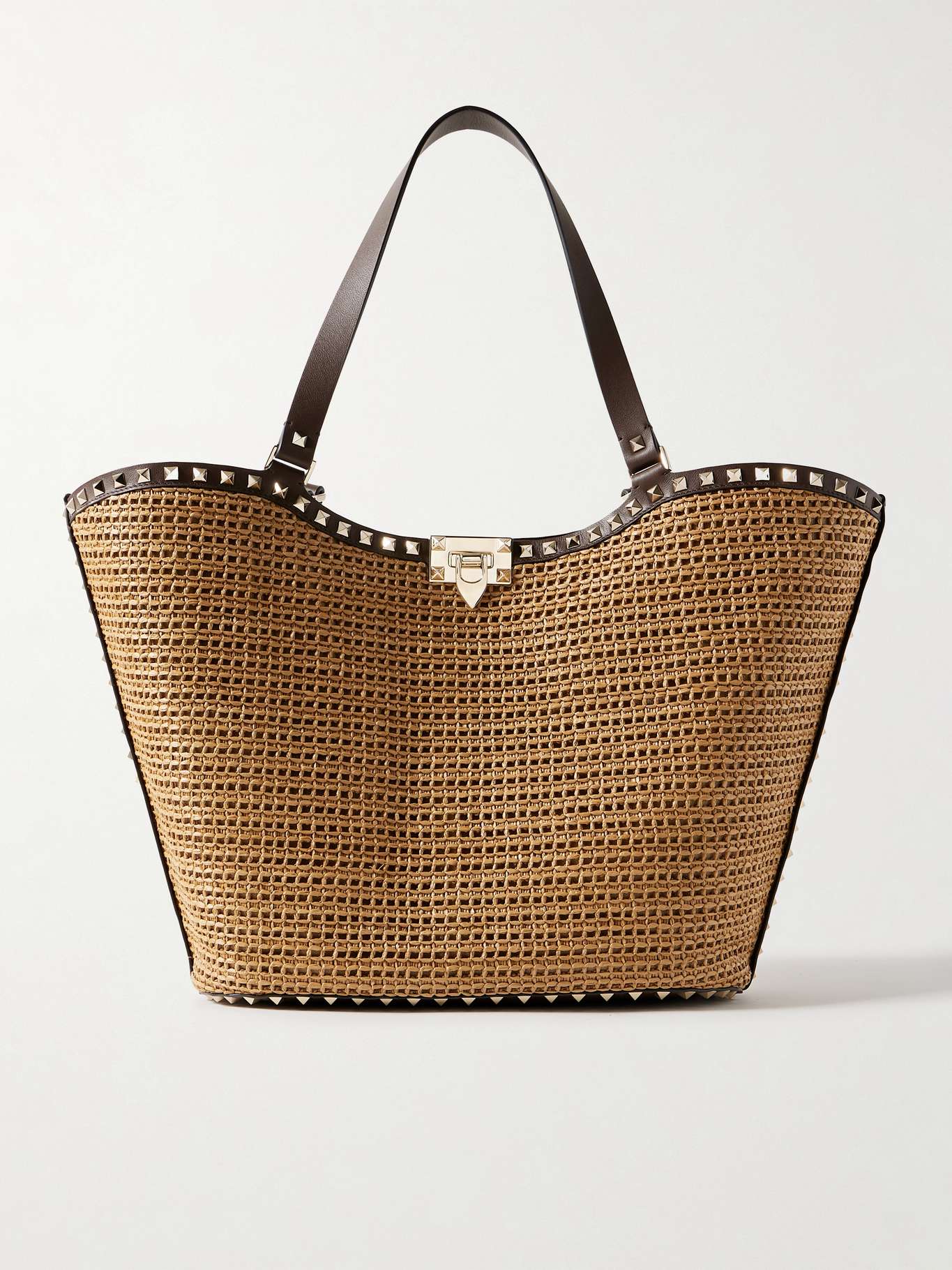 VALENTINO GARAVANI Rockstud leather-trimmed raffia tote | NET-A-PORTER