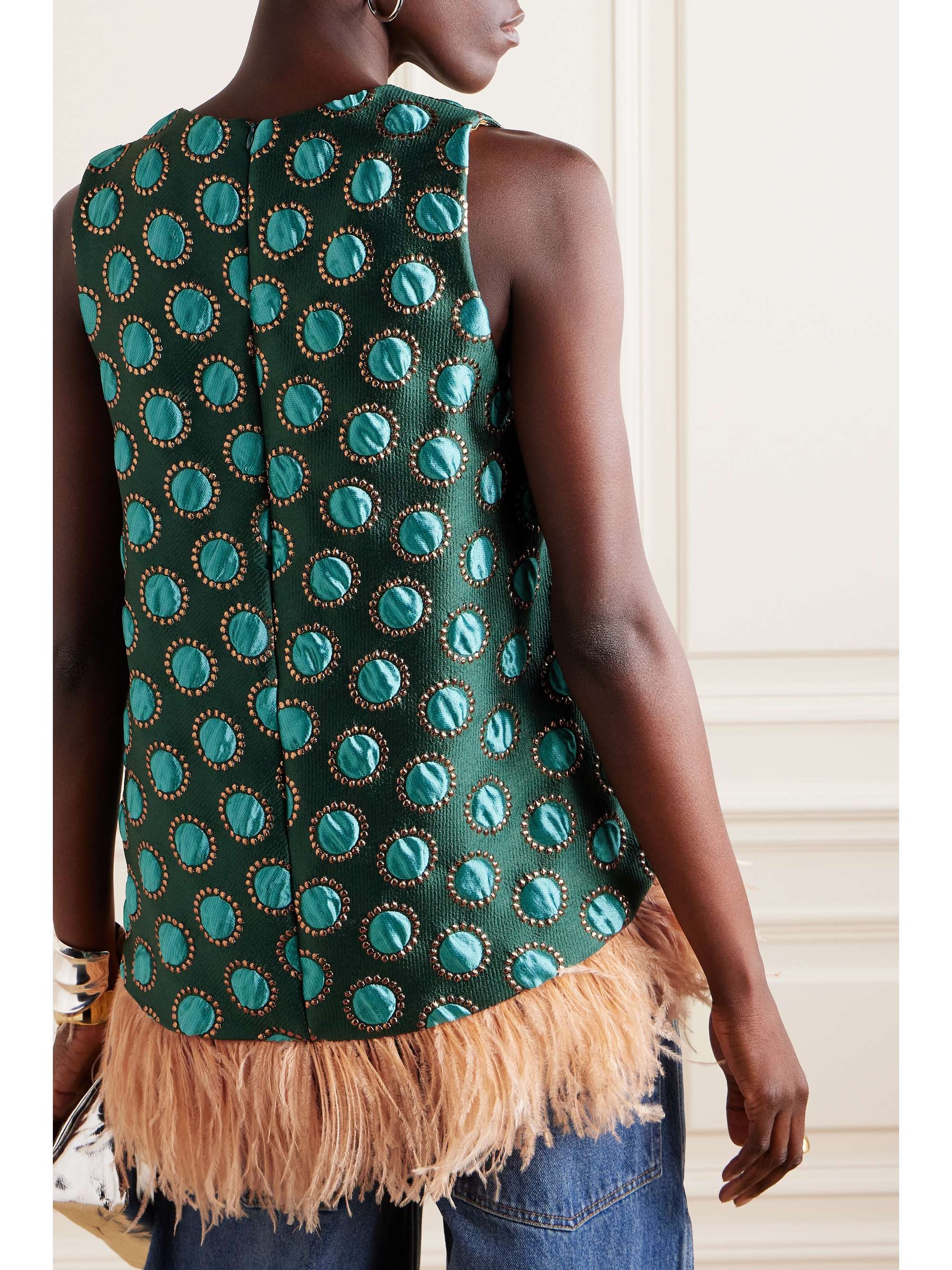 LA DOUBLEJ La Scala asymmetric feather-trimmed metallic jacquard top ...