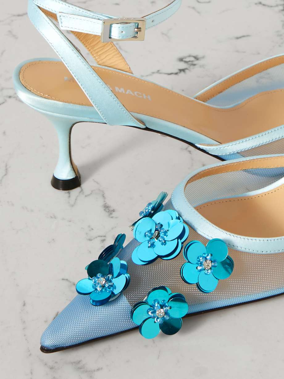 Blue Satin-trimmed embellished mesh pumps | MACH & MACH | NET-A-PORTER