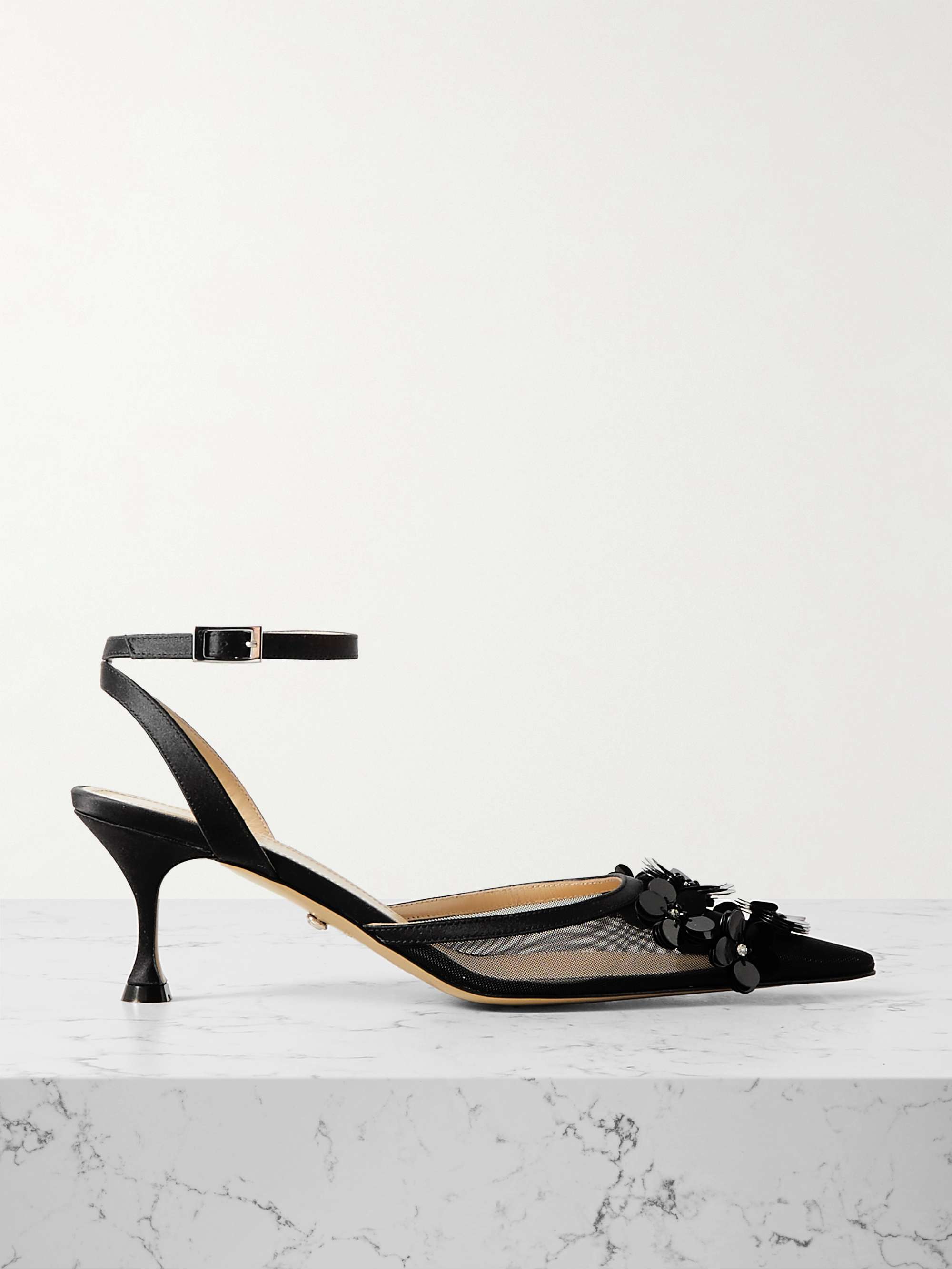 MACH & MACH Satin-trimmed embellished mesh pumps | NET-A-PORTER