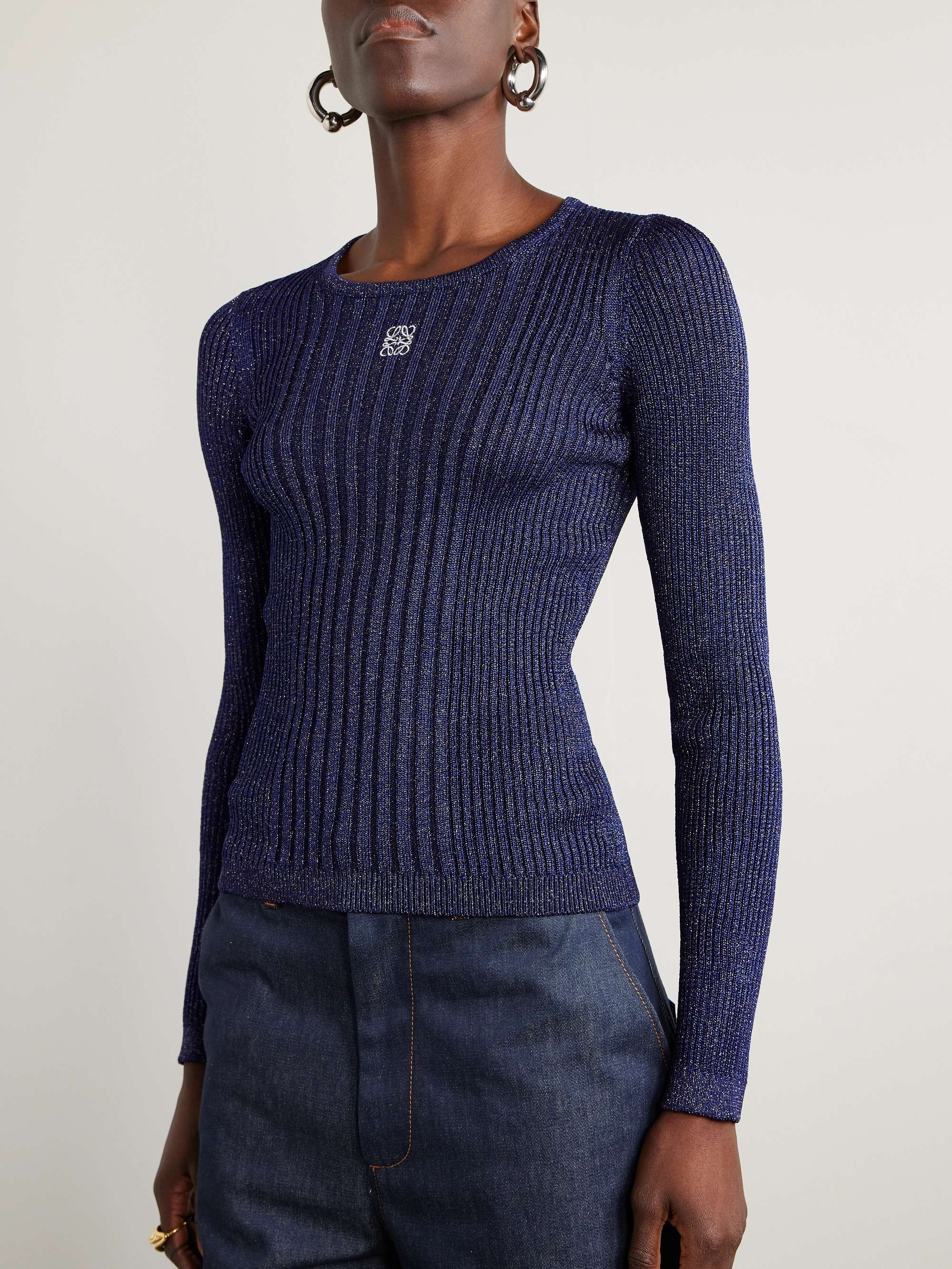 LOEWE Embroidered metallic ribbed-knit sweater | NET-A-PORTER