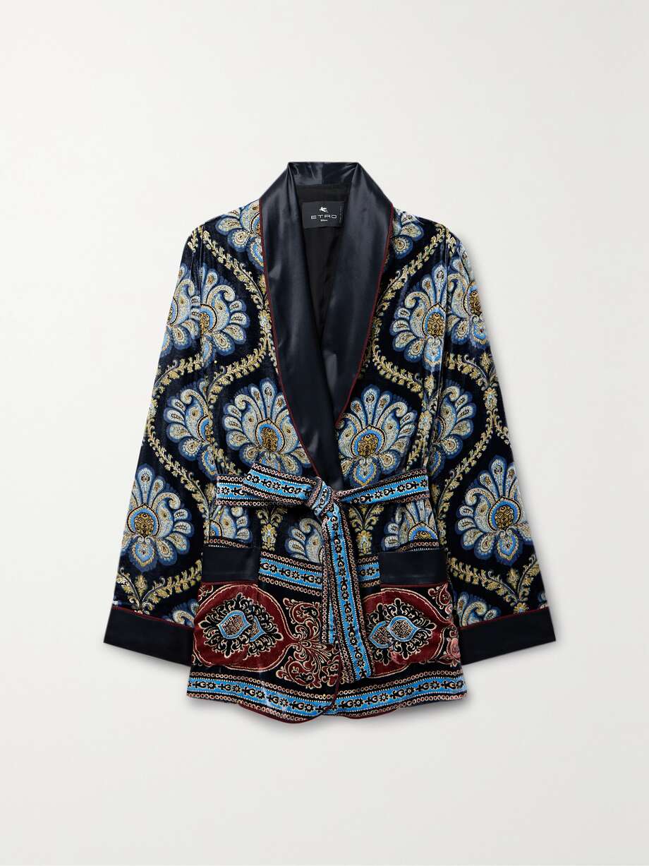 ETRO Belted satin-trimmed velvet-jacquard cardigan | NET-A-PORTER