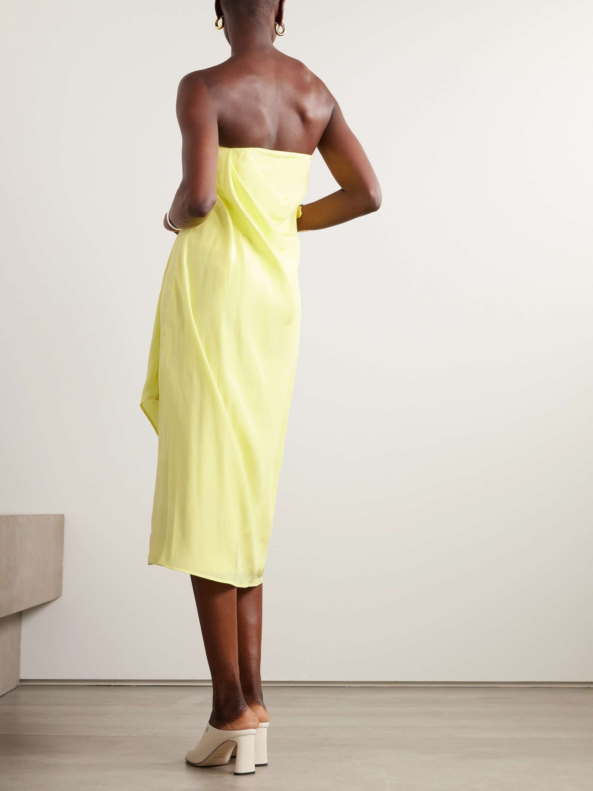 Yellow Onna strapless draped silk-satin midi dress | GAUGE81 Yellow Onna strapless draped silk-satin midi dress | GAUGE81