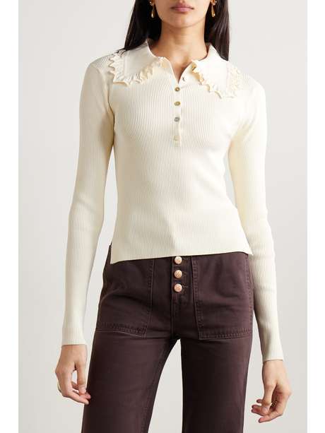 ULLA JOHNSON Liese ruffled ribbed-knit sweater | NET-A-PORTER