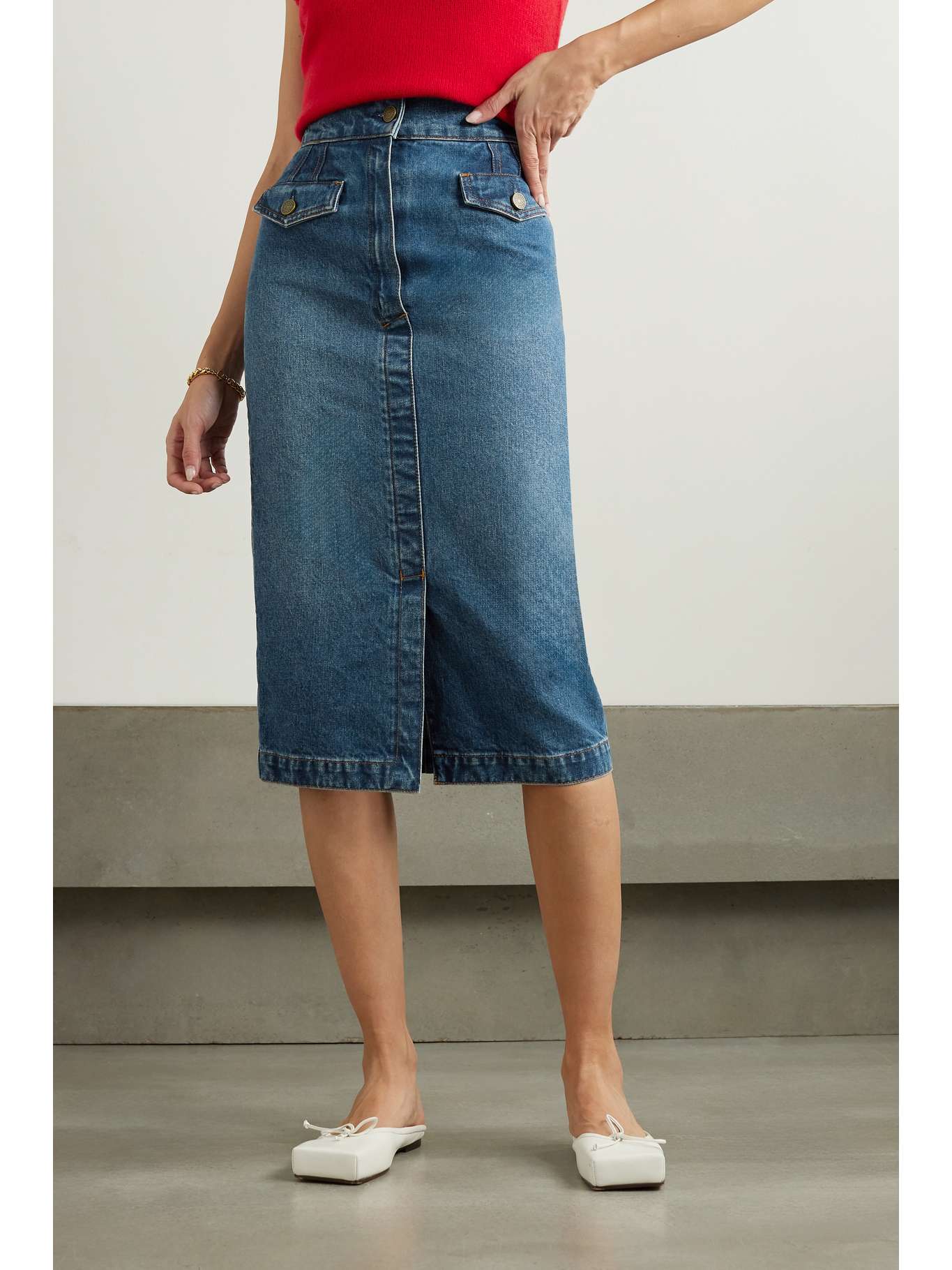 FRAME + NET SUSTAIN Denim midi skirt | NET-A-PORTER