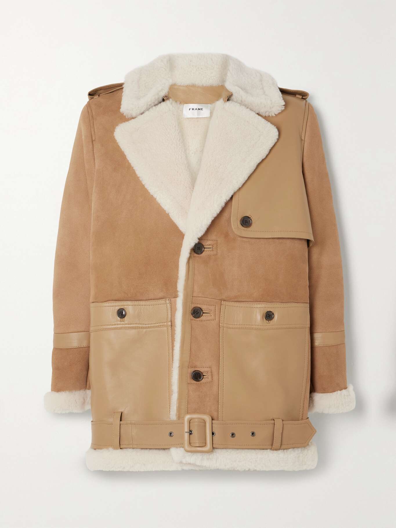 FRAME Belted leather-trimmed shearling jacket | NET-A-PORTER