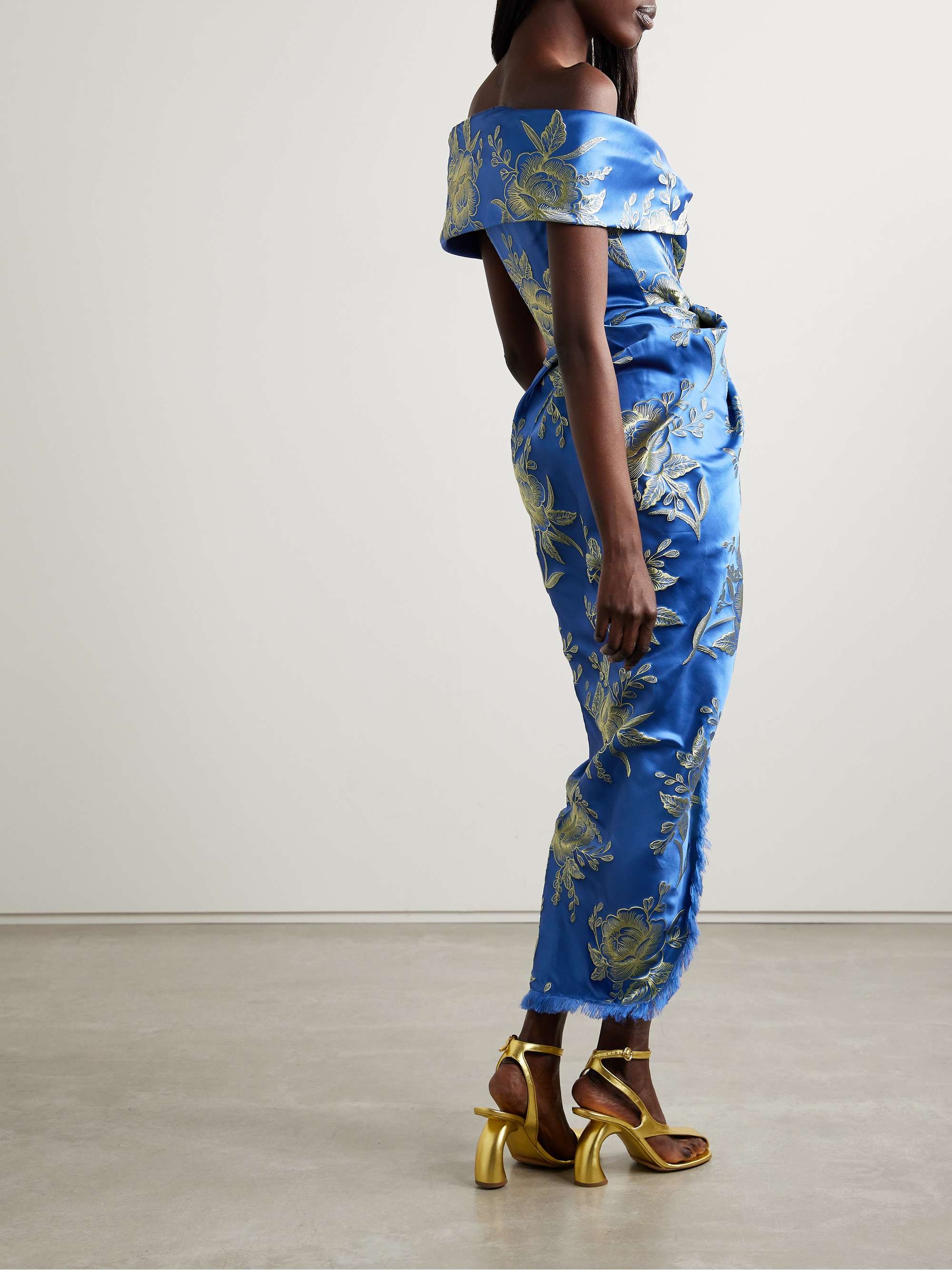 ETRO Off-the-shoulder fringed floral-brocade midi wrap dress | NET-A-PORTER