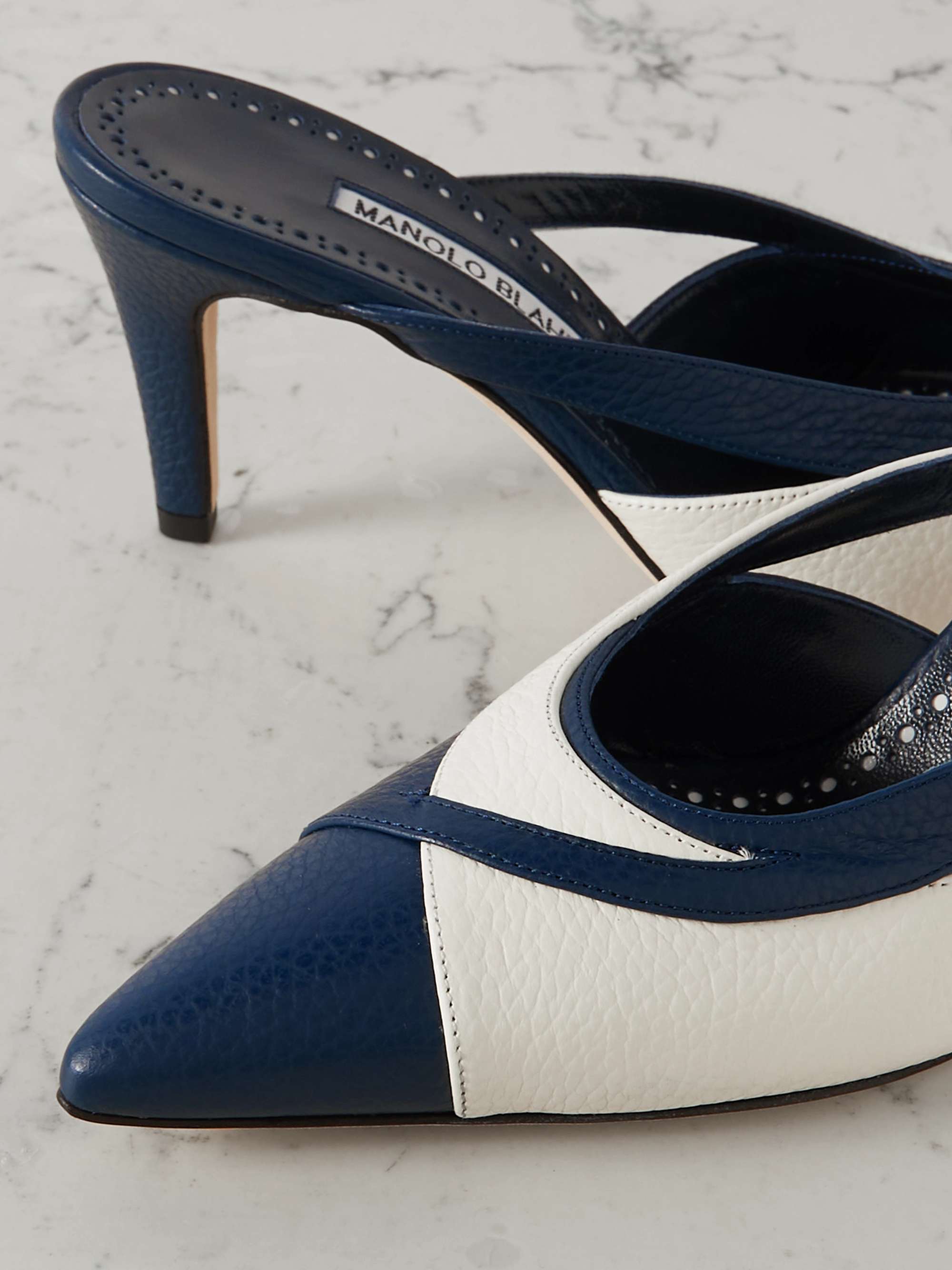 MANOLO BLAHNIK Floraclo 70 two-tone textured-leather mules | NET-A-PORTER
