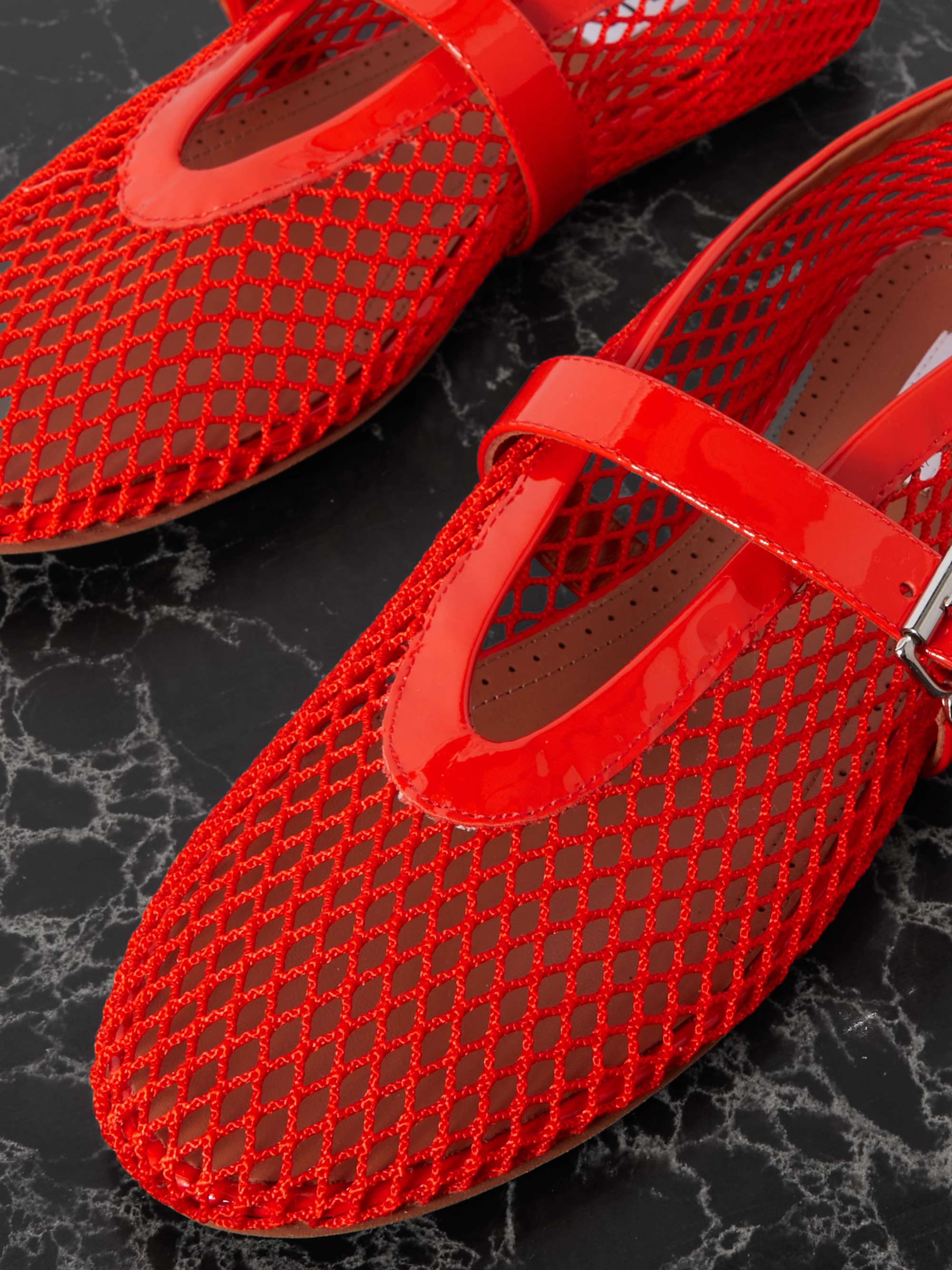 ALAÏA Patent leather-trimmed mesh ballet flats | NET-A-PORTER