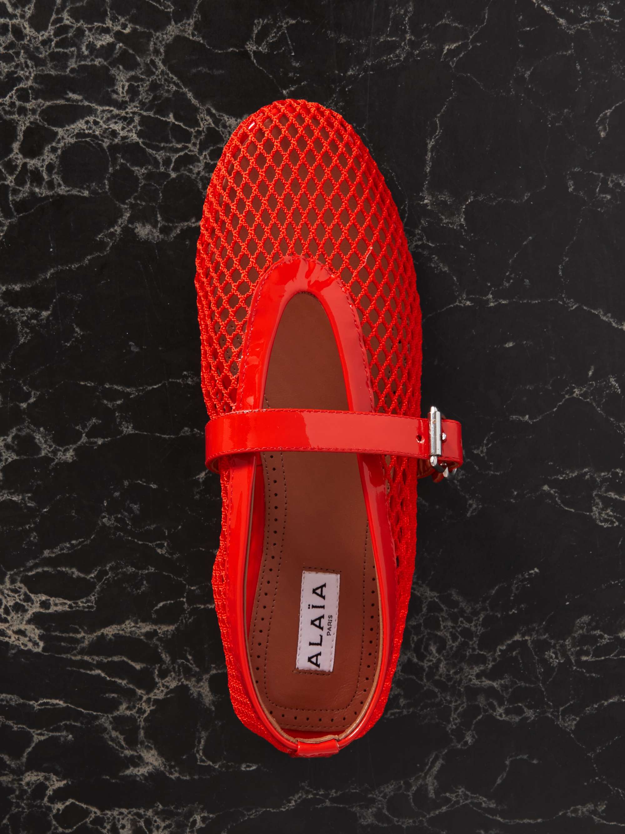 ALAÏA Patent leather-trimmed mesh ballet flats | NET-A-PORTER
