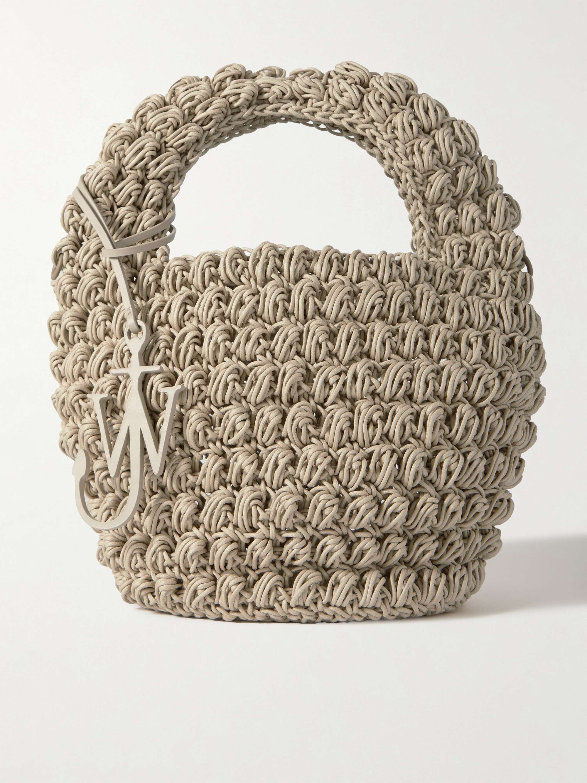 JW ANDERSON Popcorn Basket leather-trimmed crocheted waxed-cotton tote ...