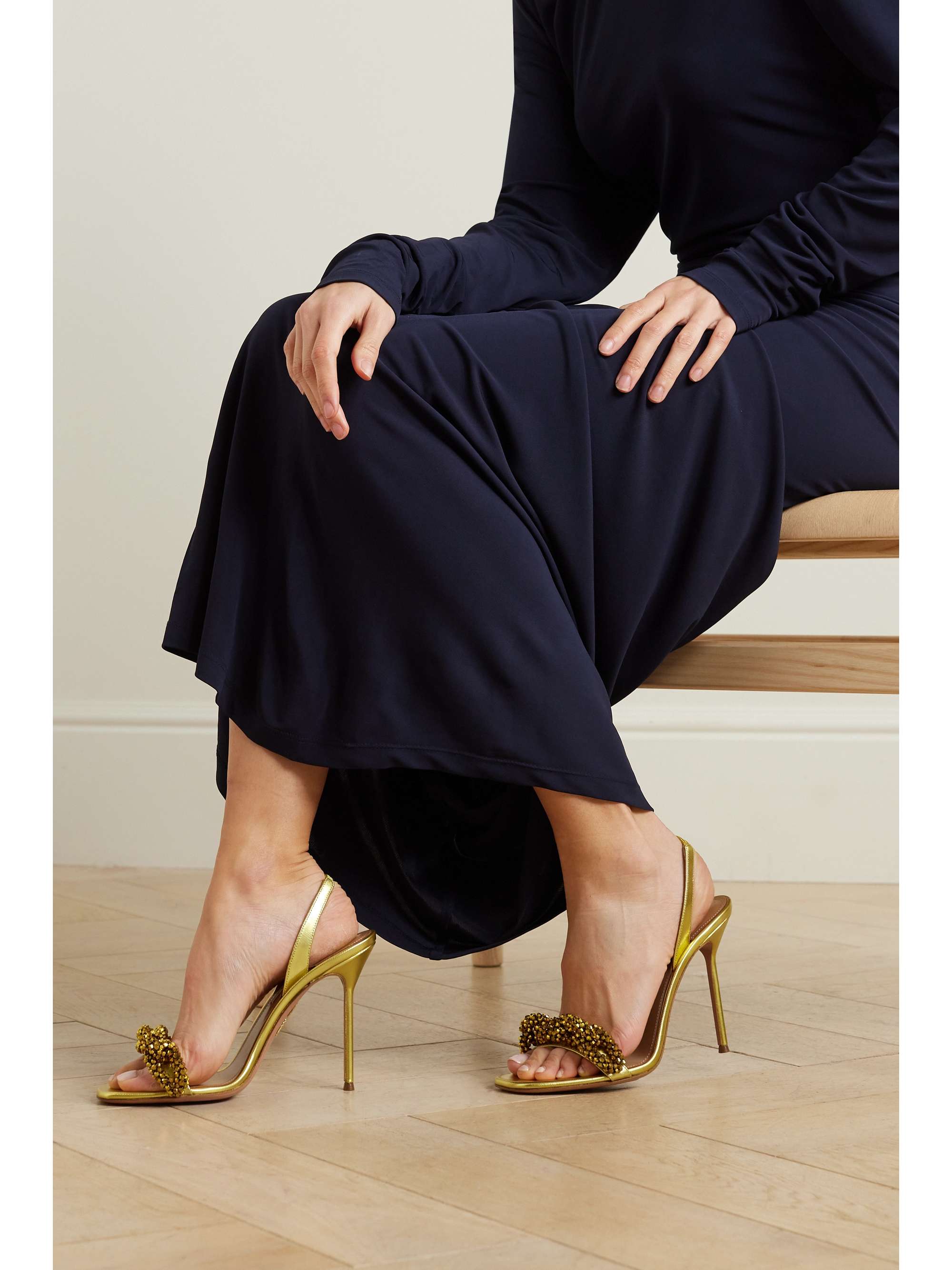 AQUAZZURA Chain Of Love 105 embellished metallic leather slingback ...