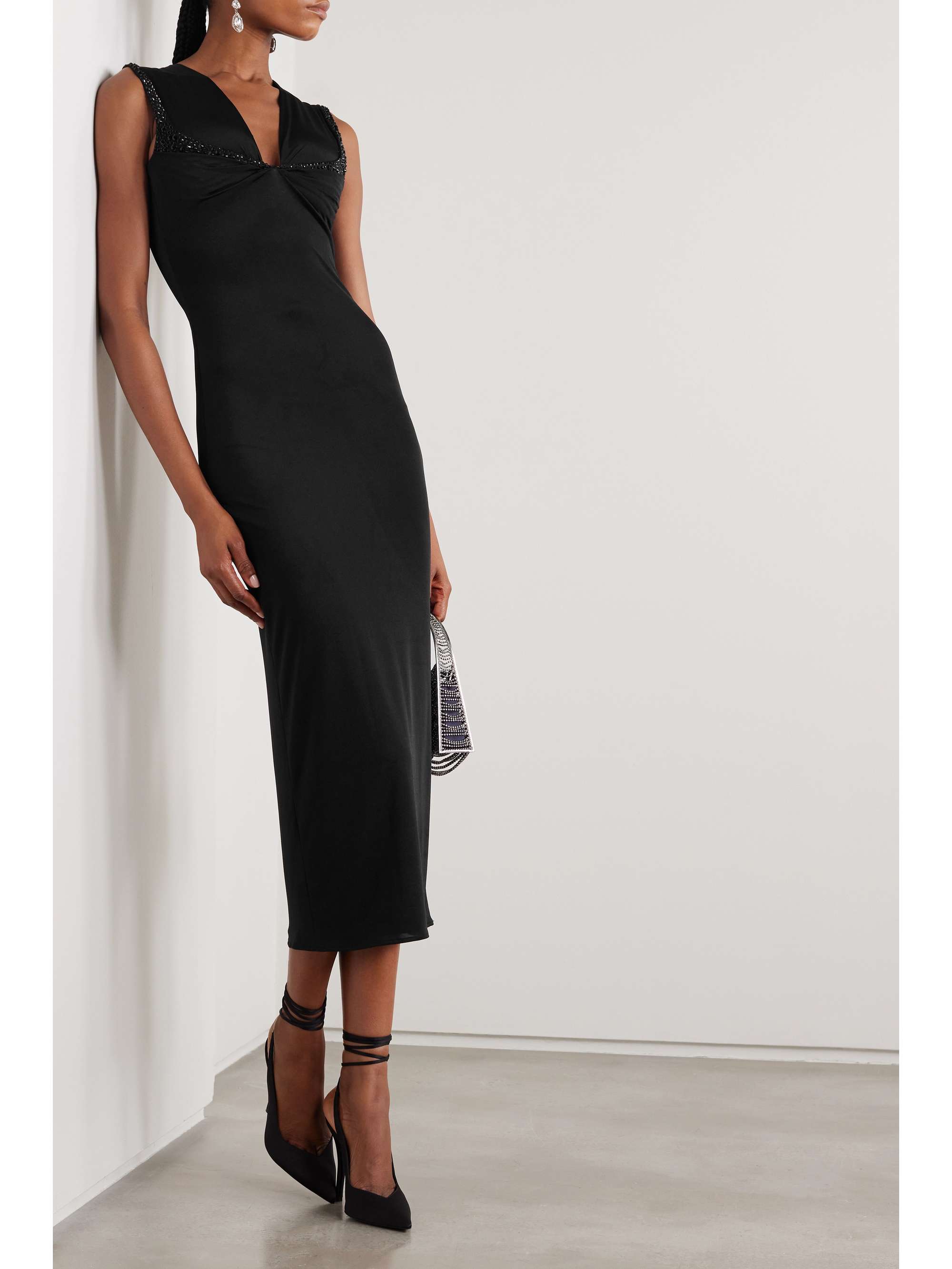 16ARLINGTON Venza twist-front crystal-embellished glossed-jersey midi ...