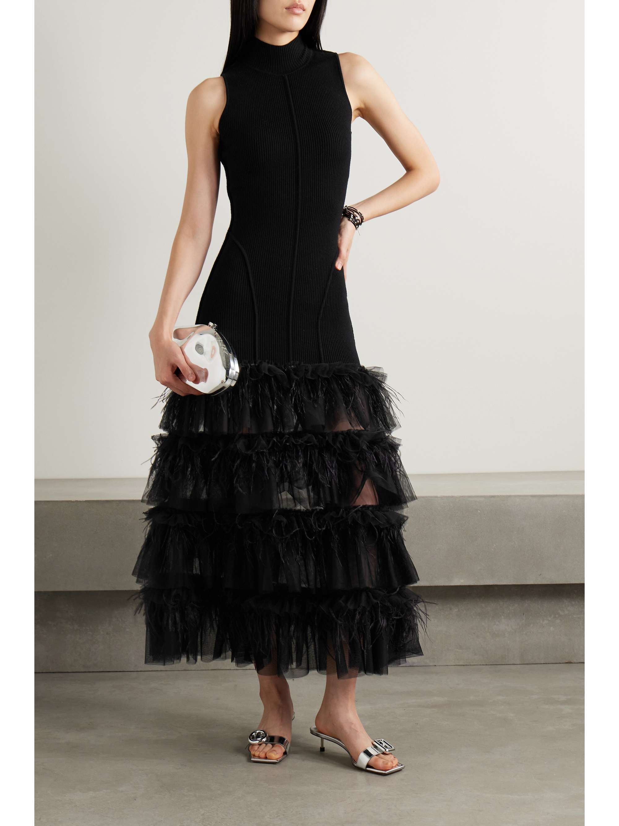 SEA Misha feather-trimmed tulle and ribbed wool maxi dress | NET-A-PORTER
