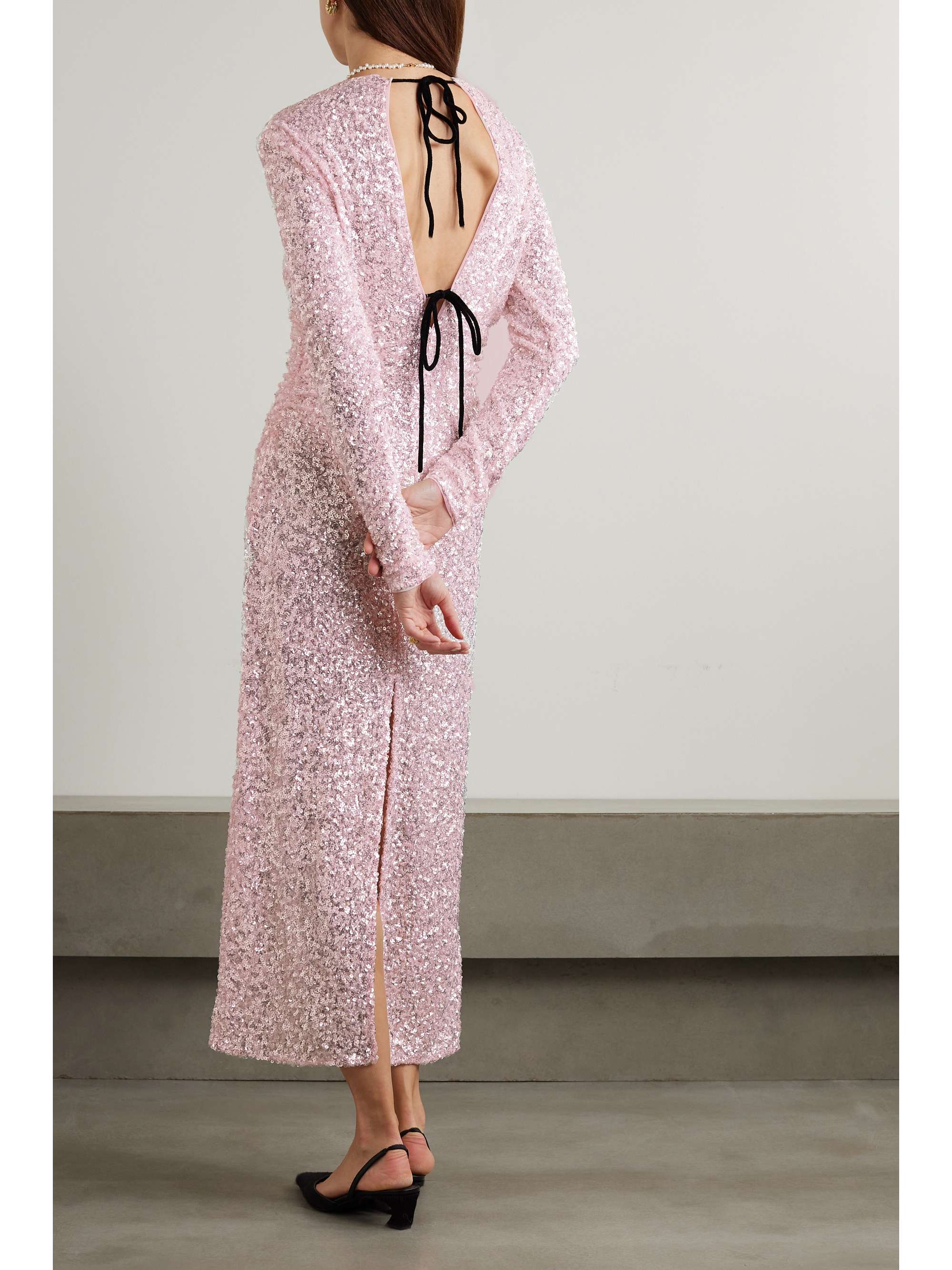 GANNI + NET SUSTAIN open-back bow-detailed sequined reycled-tulle maxi ...