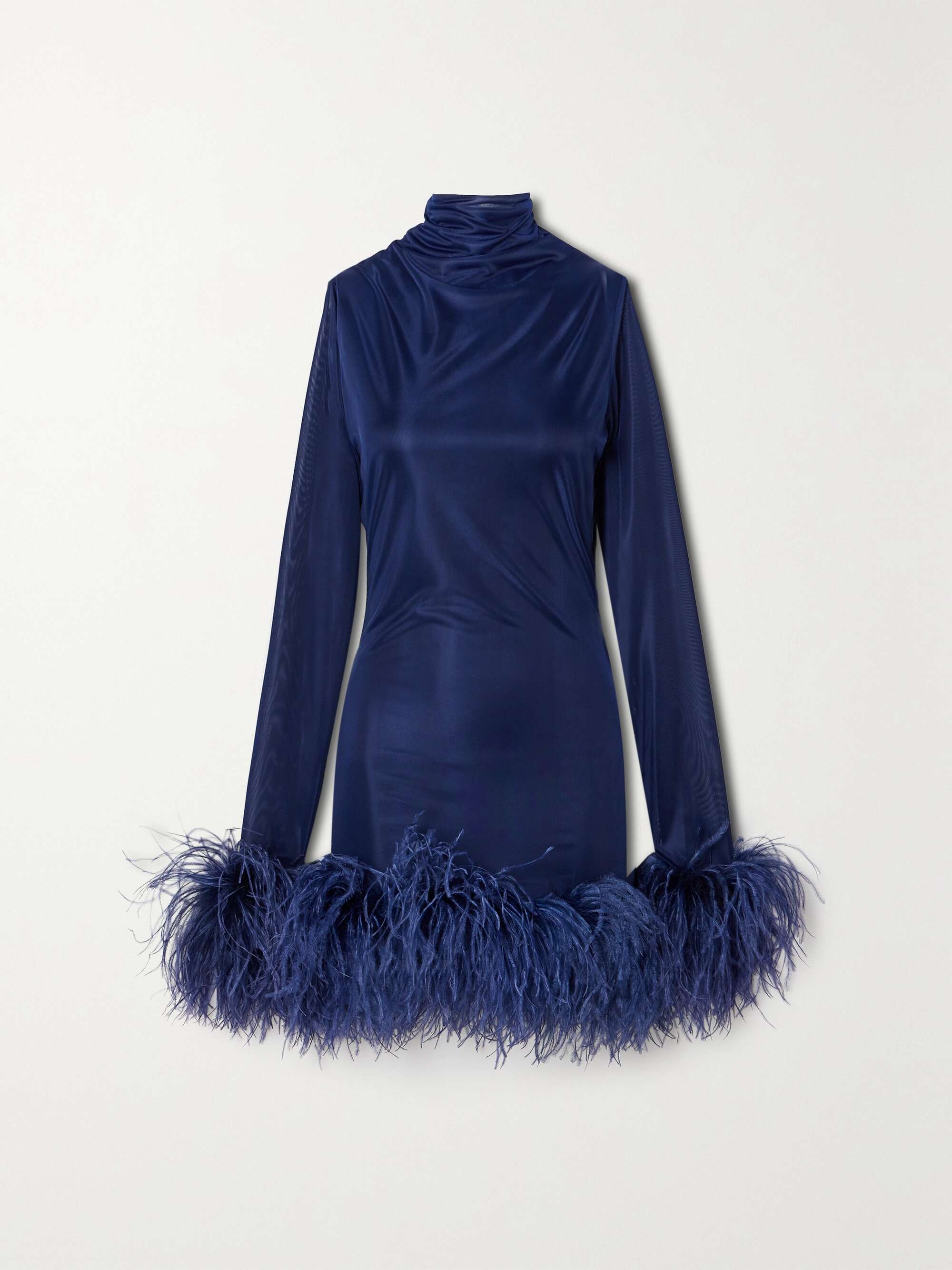 16ARLINGTON Luna feather-trimmed stretch-jersey turtleneck mini dress ...