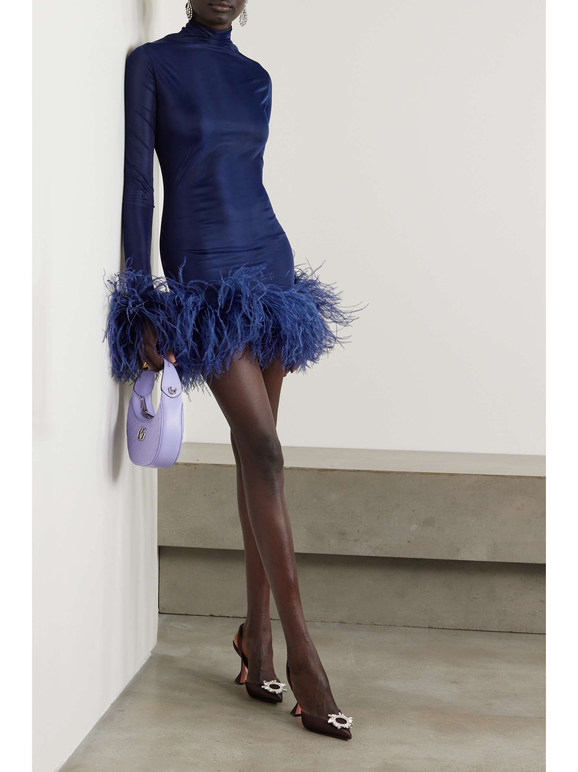 16ARLINGTON Luna feather-trimmed stretch-jersey turtleneck mini dress | NET-A-PORTER