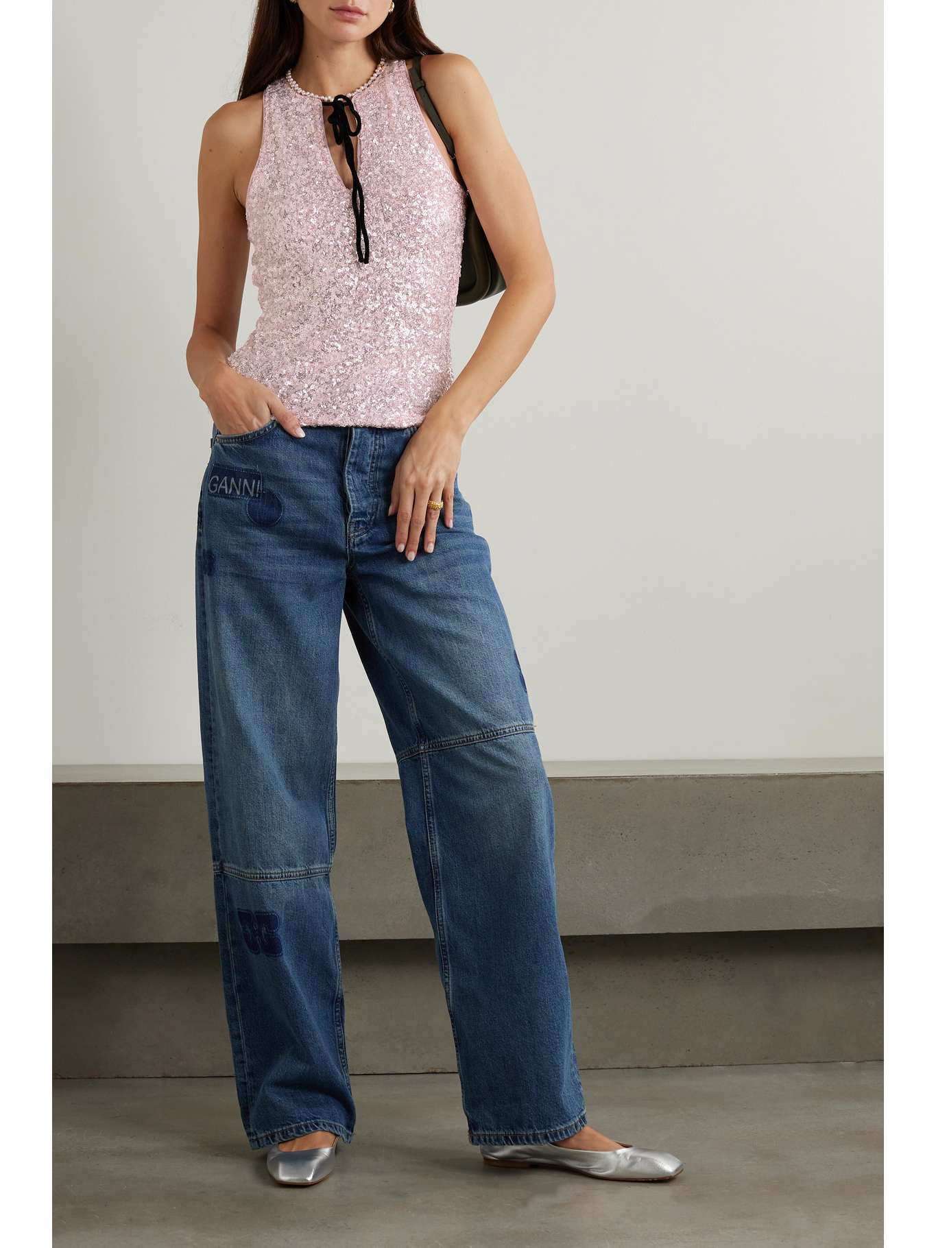 GANNI + NET SUSTAIN bow-embellished sequined recycled-tulle top | NET-A ...