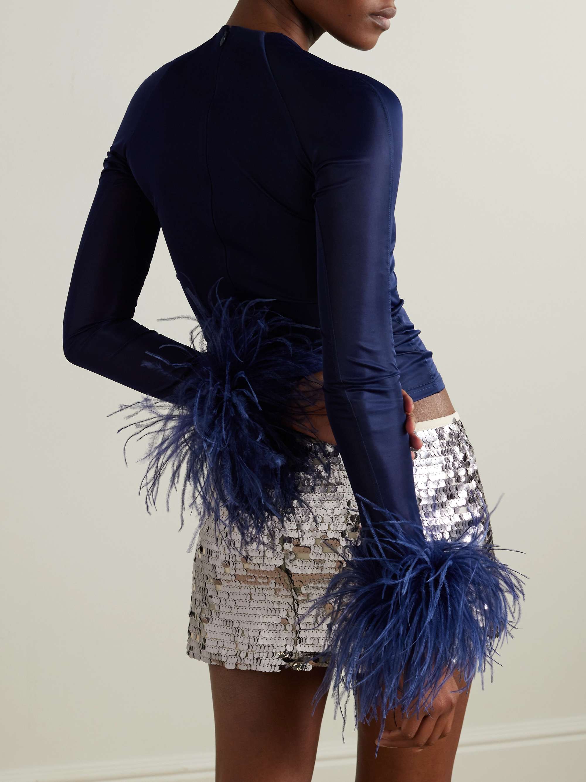 16ARLINGTON Alero feather-trimmed cropped mesh top | NET-A-PORTER