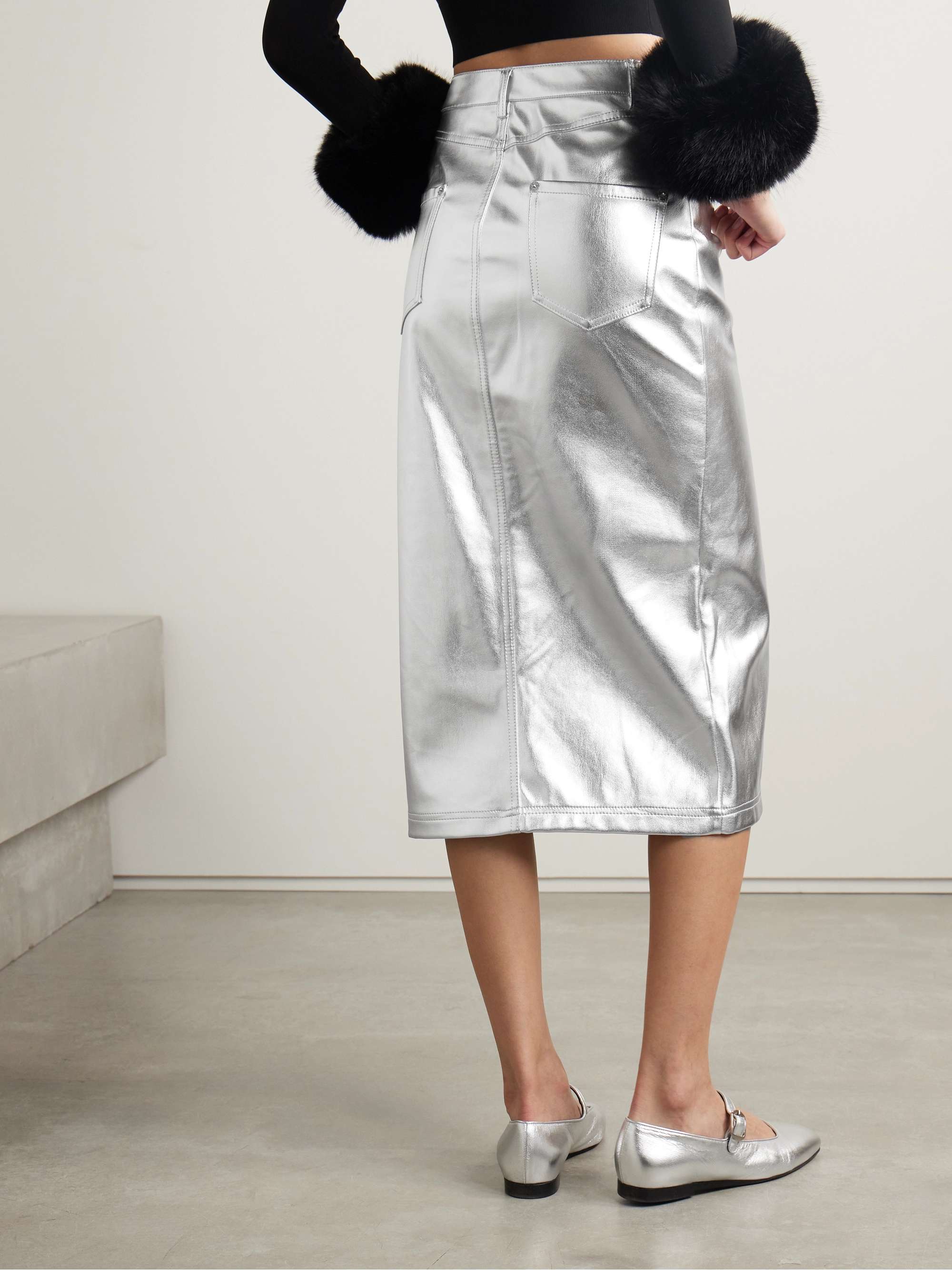 STAUD Oaklyn metallic faux leather midi skirt | NET-A-PORTER