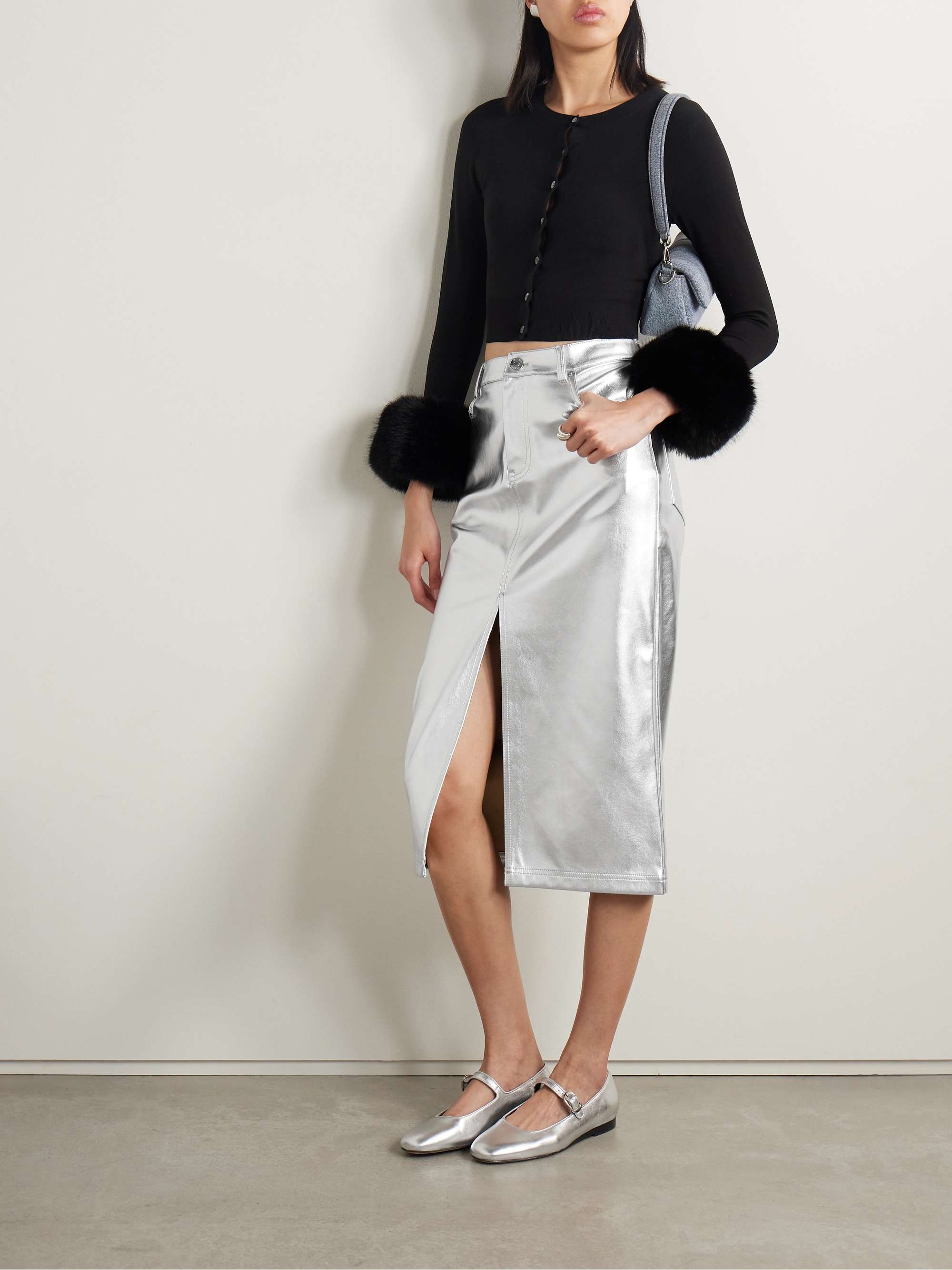 STAUD Oaklyn metallic faux leather midi skirt | NET-A-PORTER