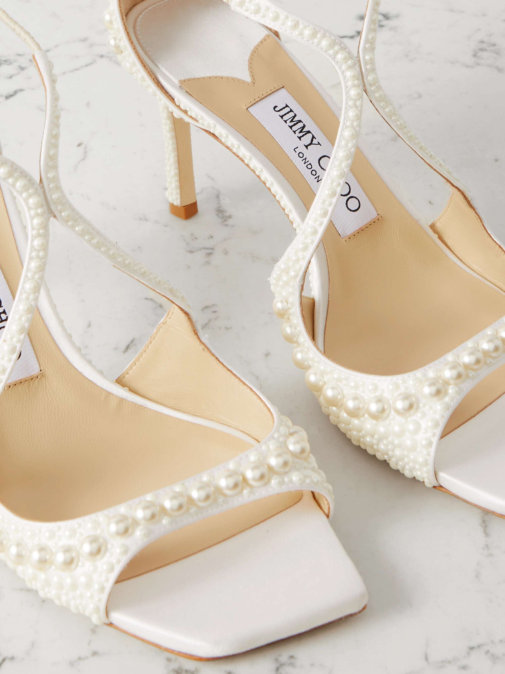 JIMMY CHOO Azia 75 faux pearl-embellished satin sandals | NET-A-PORTER