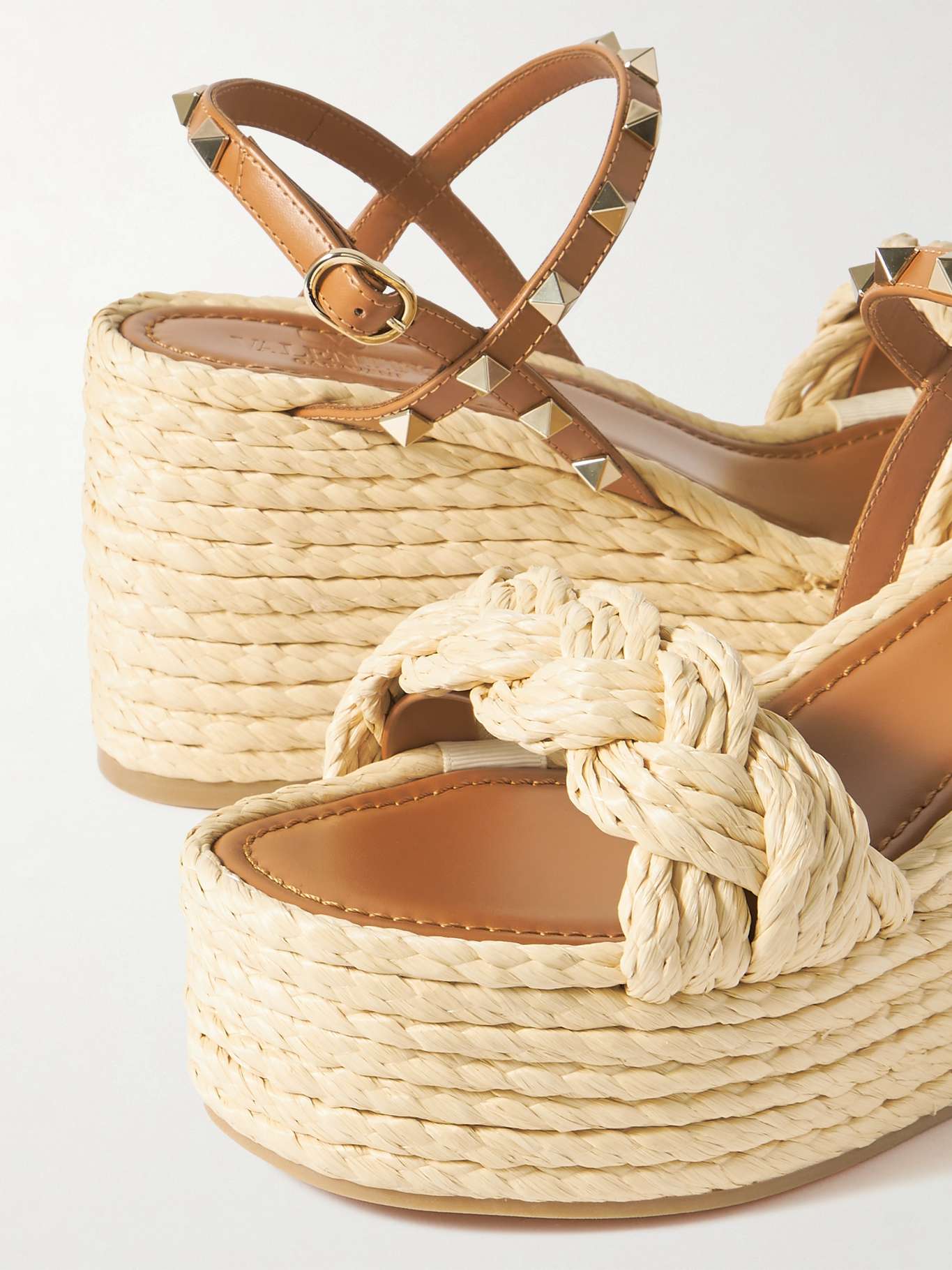 VALENTINO GARAVANI Rockstud 95 raffia and leather espadrille wedge ...