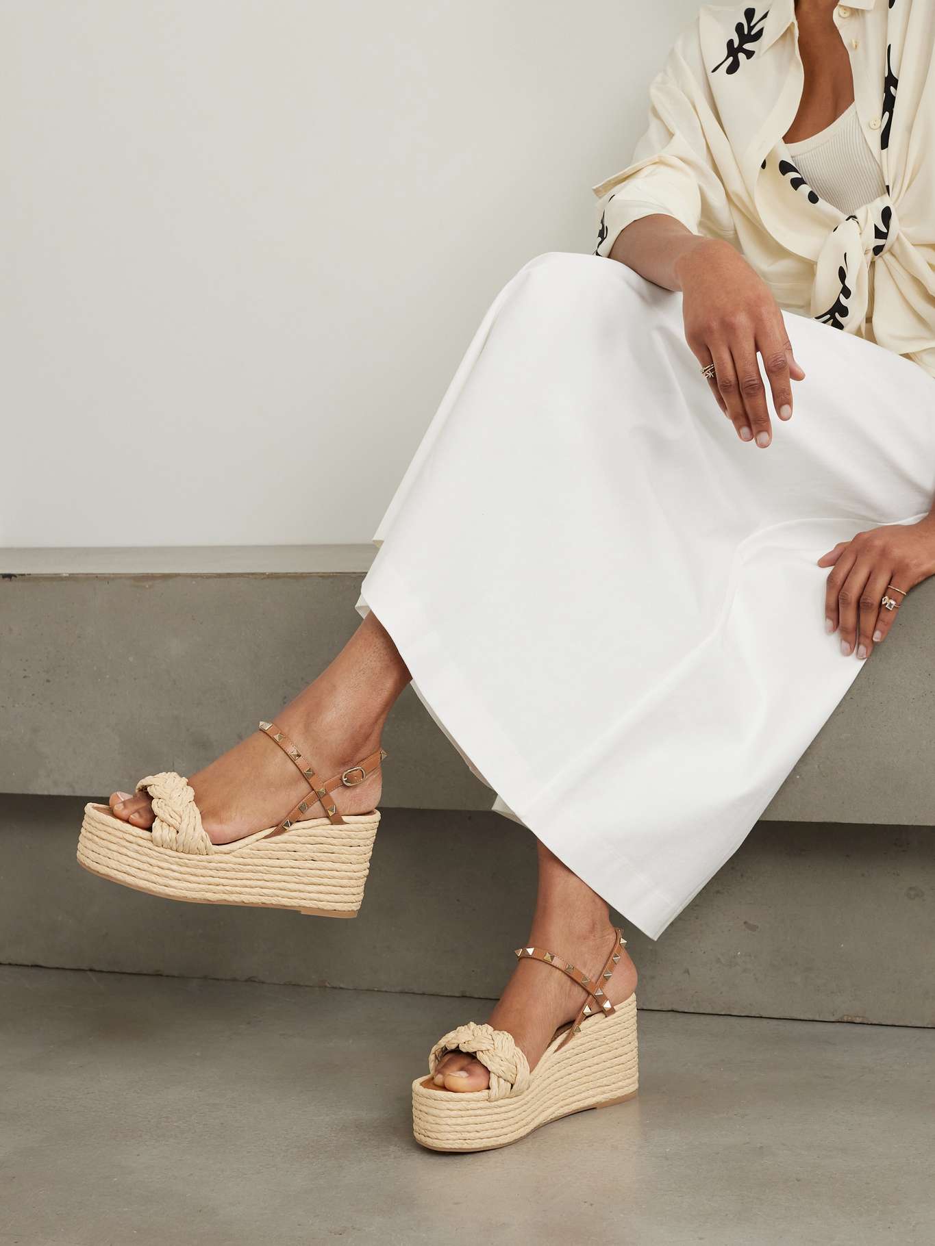 VALENTINO GARAVANI Rockstud 95 raffia and leather espadrille wedge ...