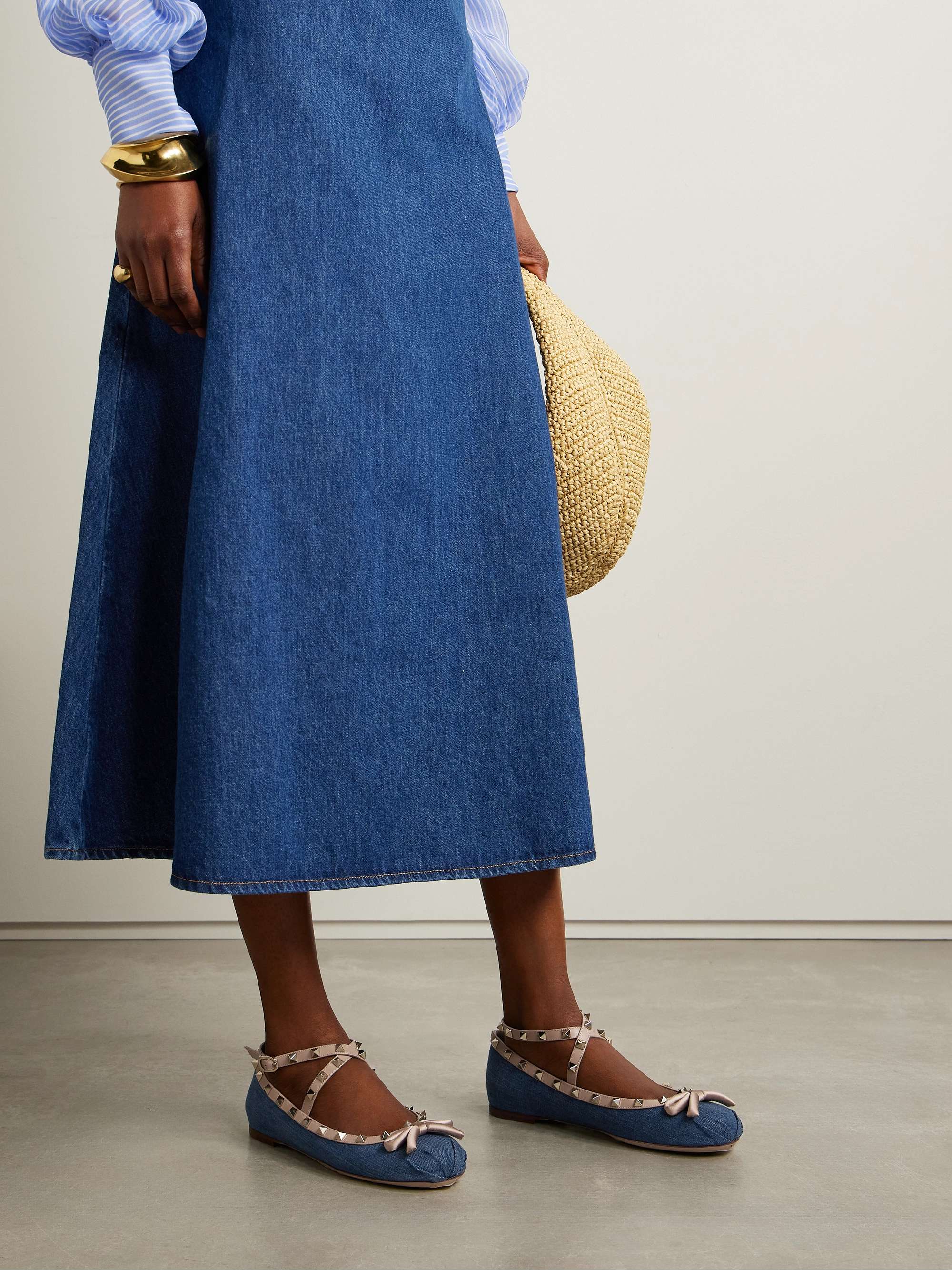 VALENTINO GARAVANI Rockstud satin and leather-trimmed denim ballet ...