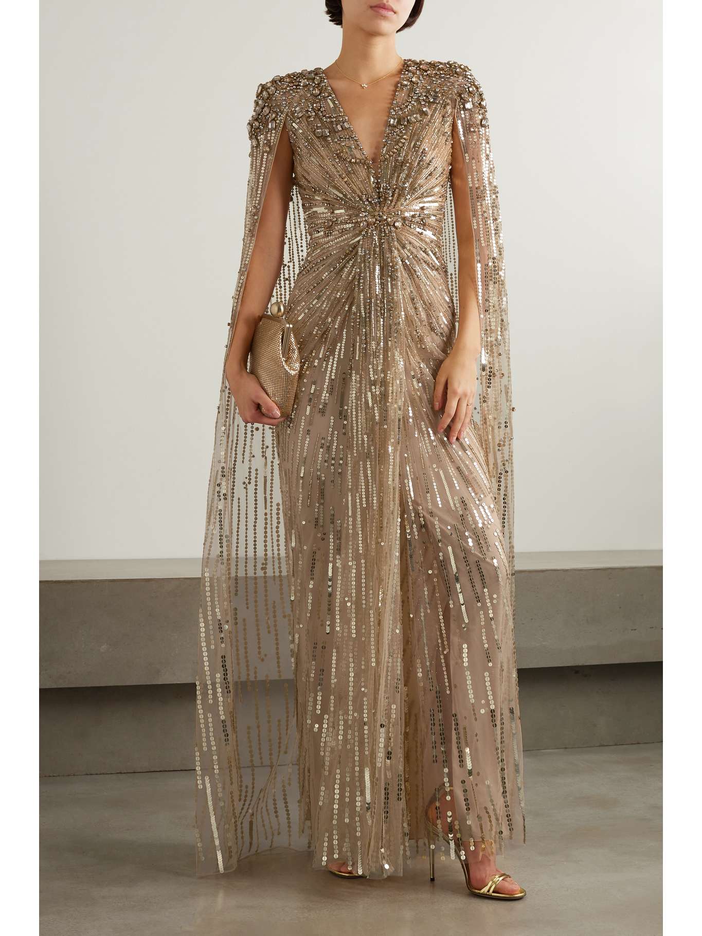 JENNY PACKHAM Lotus cape-effect embellished sequined tulle gown | NET-A-PORTER