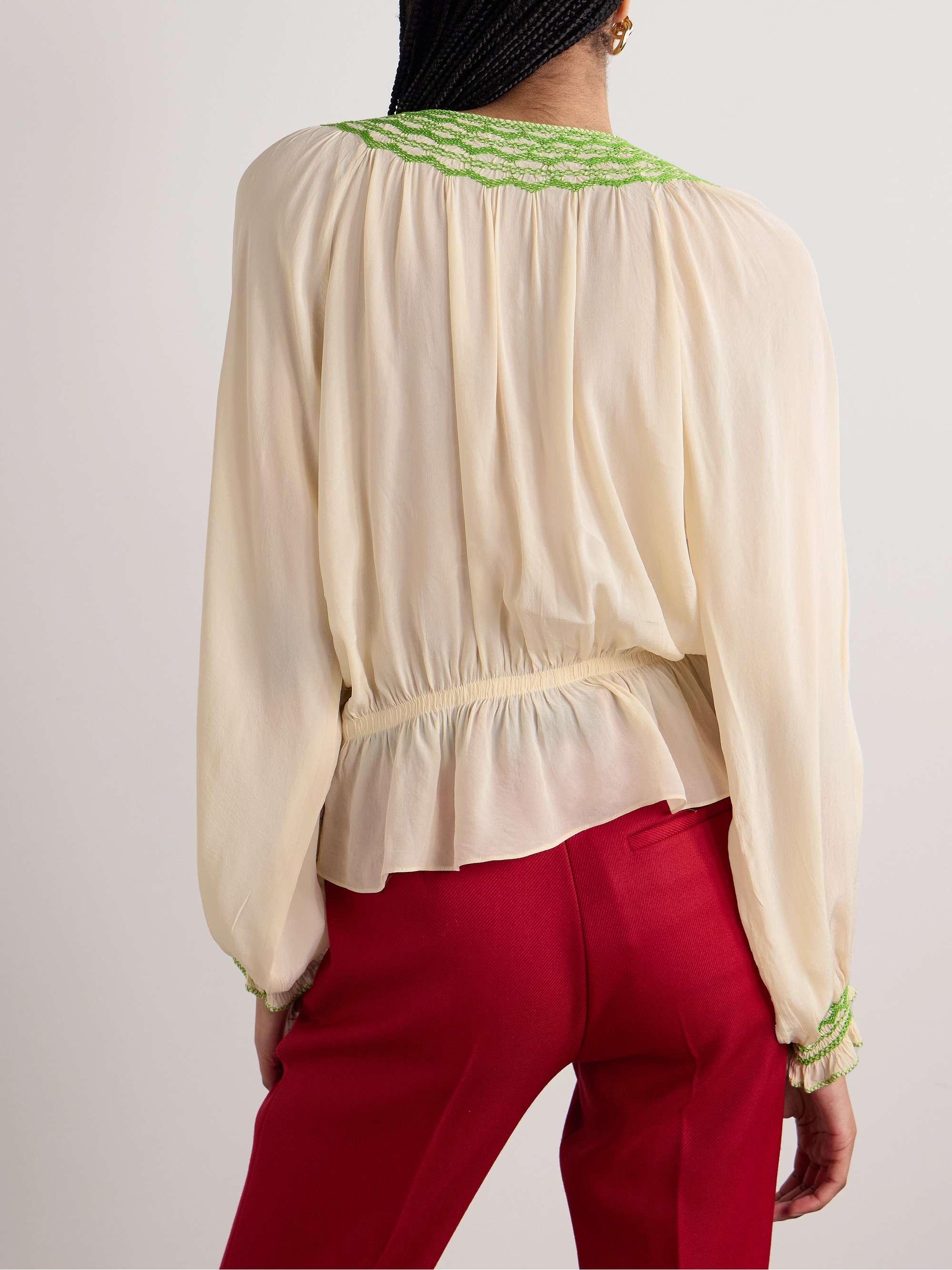 BODE Rearing Stallions ruffled smocked embroidered crepe de chine blouse | NET-A-PORTER