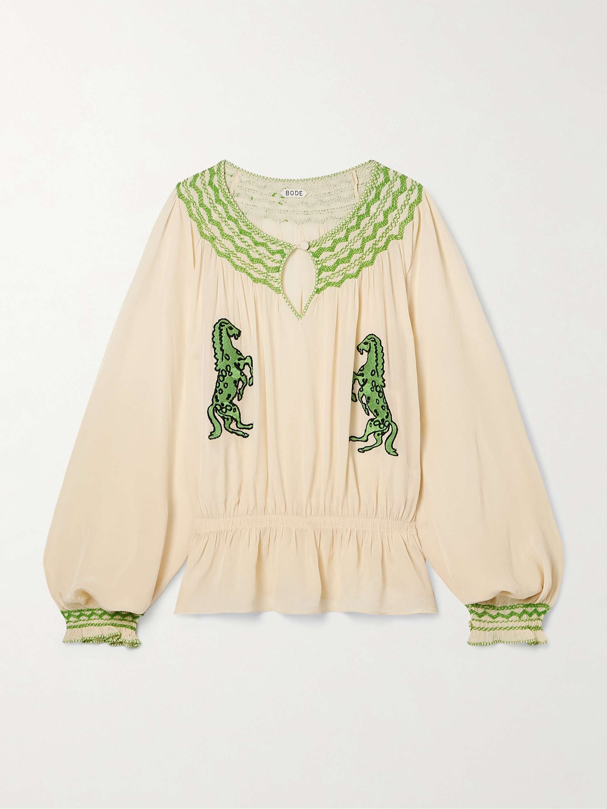 BODE Rearing Stallions ruffled smocked embroidered crepe de chine blouse | NET-A-PORTER