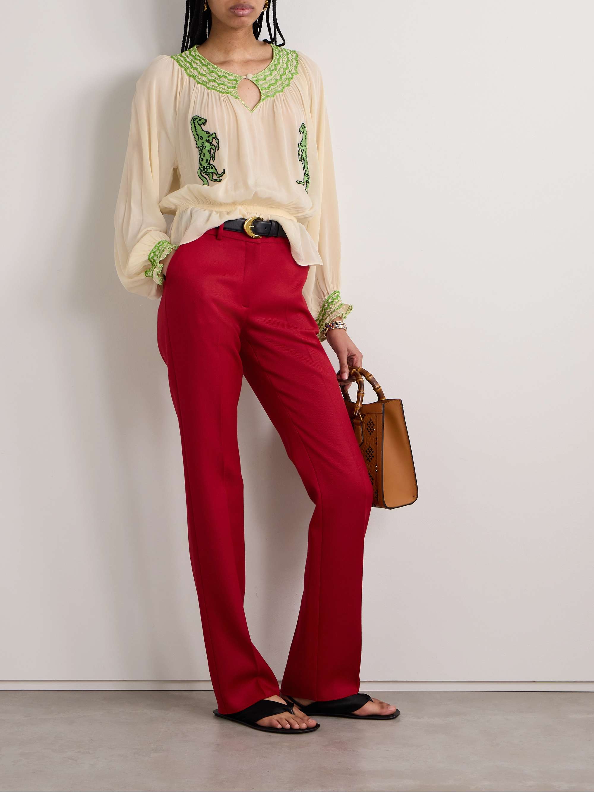 BODE Rearing Stallions ruffled smocked embroidered crepe de chine blouse | NET-A-PORTER