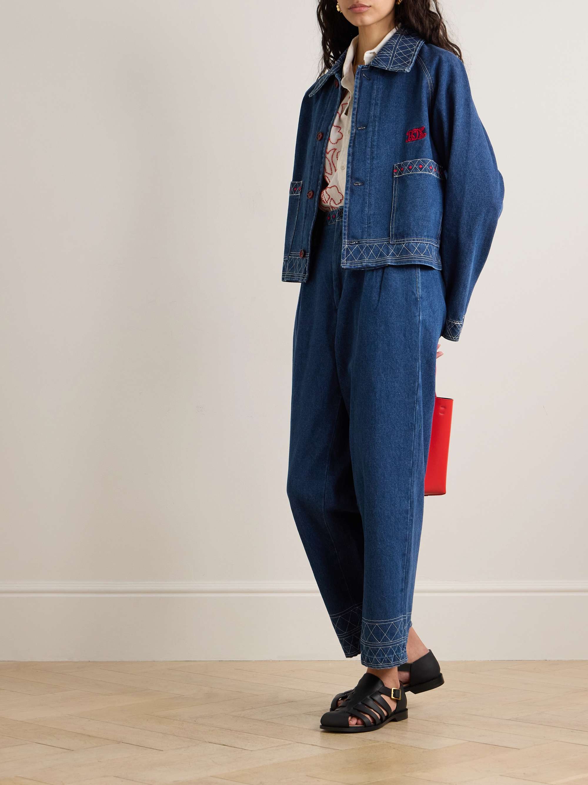 BODE Murray high-rise pleated embroidered wide-leg jeans | NET-A-PORTER