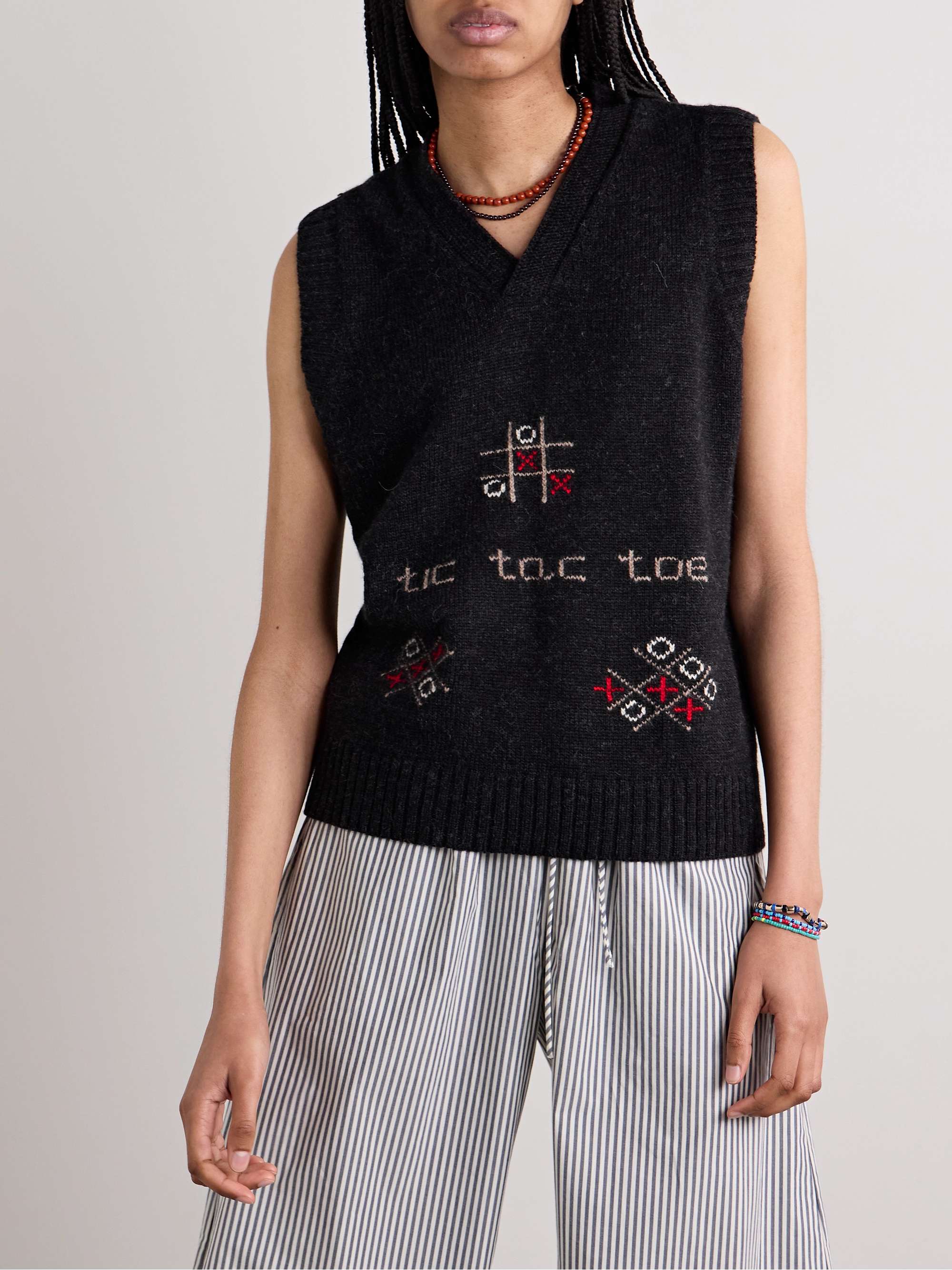 Pull sans manches en alpaga et laine mérinos mélangés intarsia Tic Tac Toe BODE pour femme | NET ...