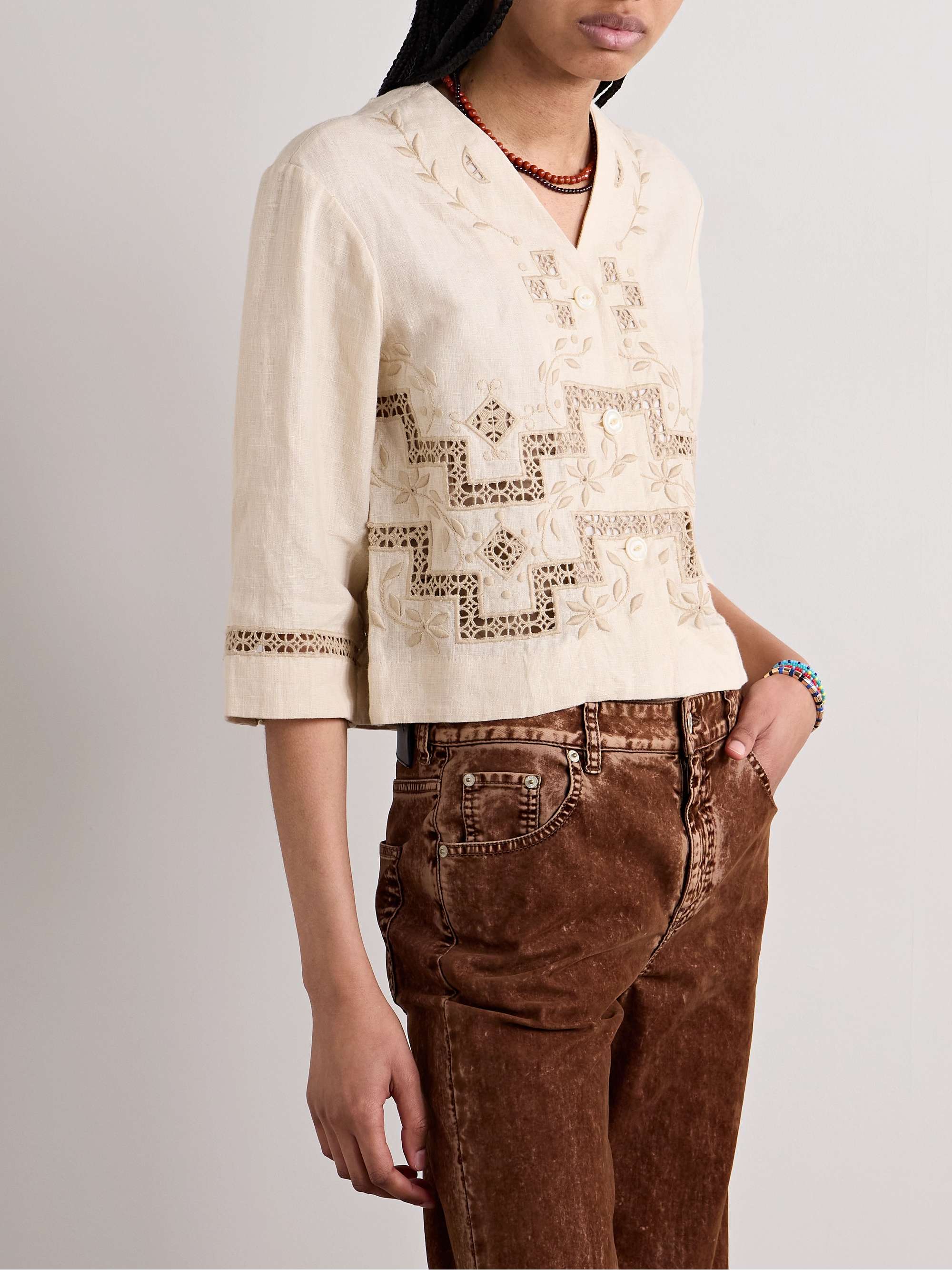 BODE Guipure lace-trimmed embroidered linen overshirt | NET-A-PORTER