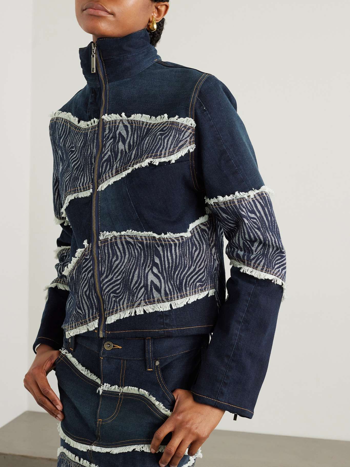 Blue Frayed patchwork recycled-denim and denim-jacquard jacket ...