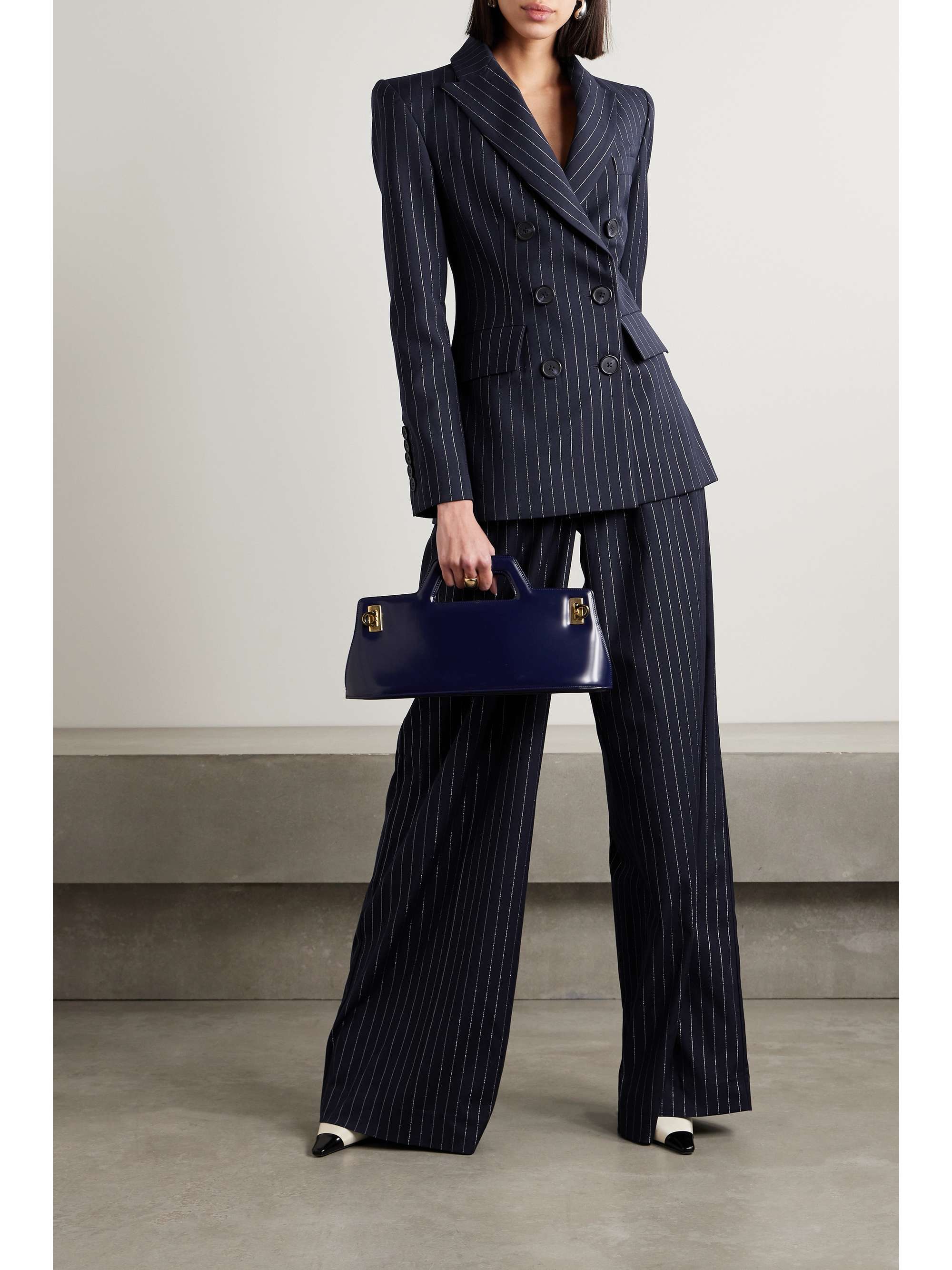 ALEX PERRY Double-breasted metallic pinstriped twill blazer | NET-A-PORTER