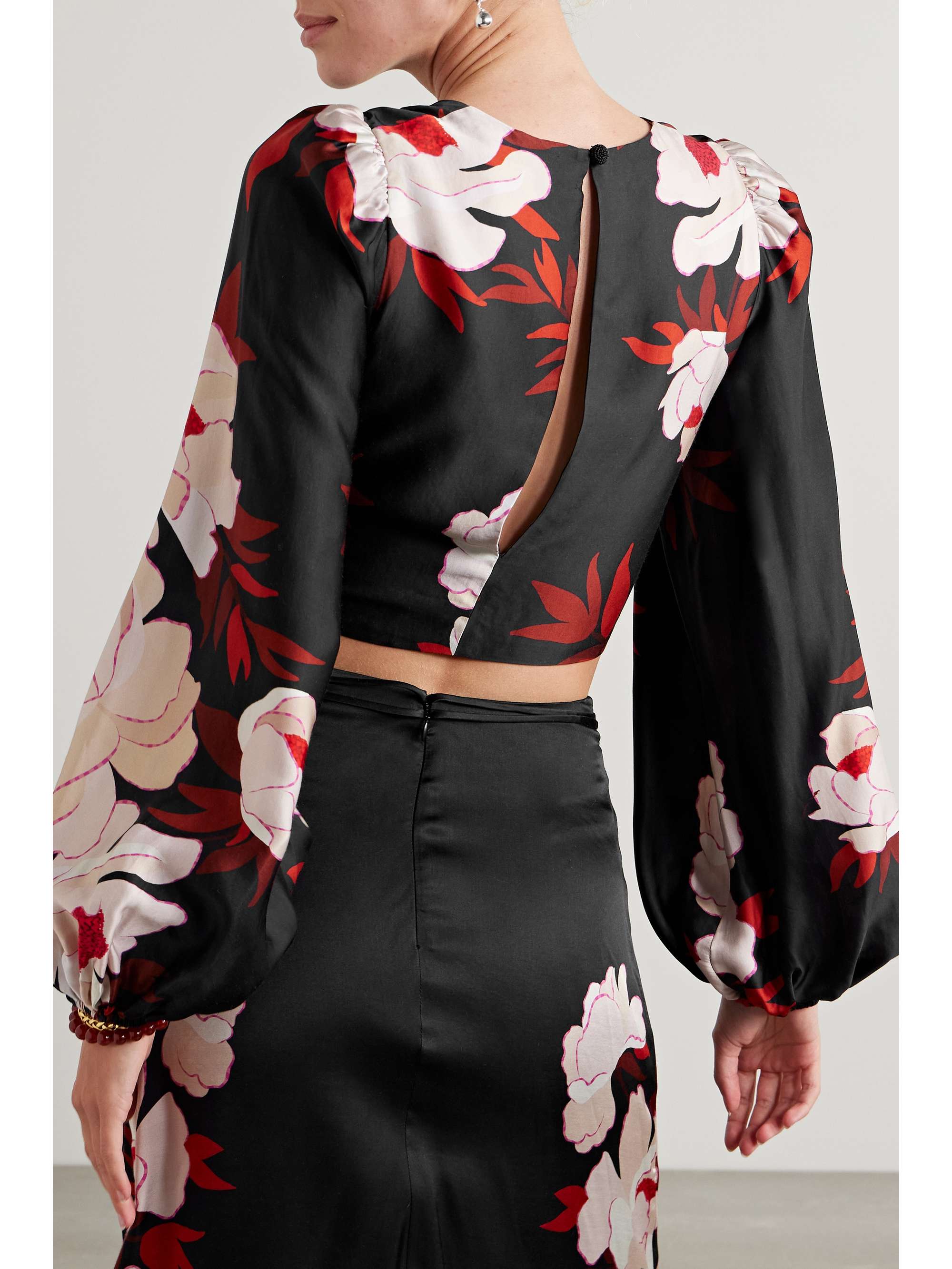 FARM RIO Cropped gathered floral-print duchesse-satin blouse | NET-A-PORTER