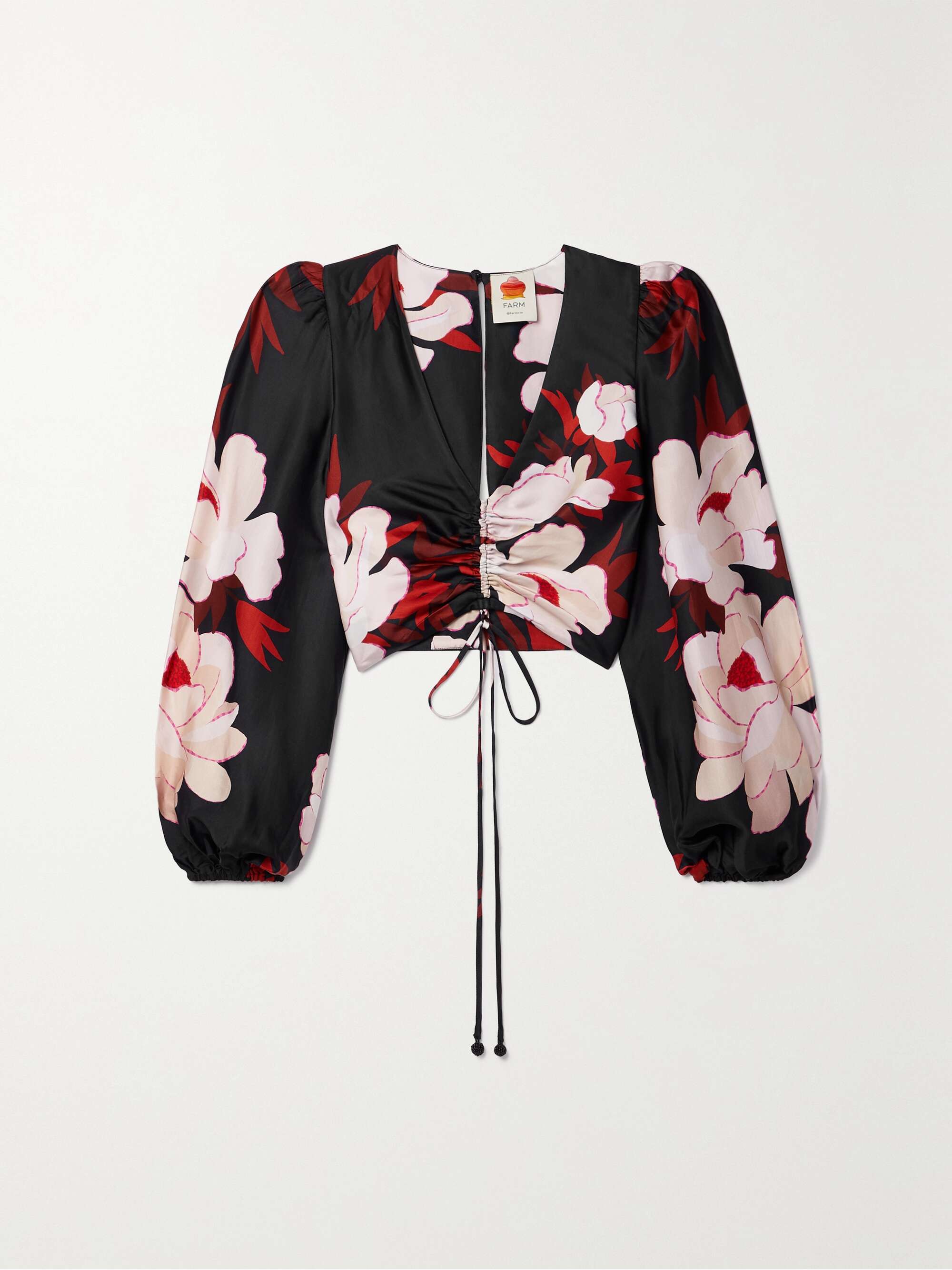 FARM RIO Cropped gathered floral-print duchesse-satin blouse | NET-A-PORTER