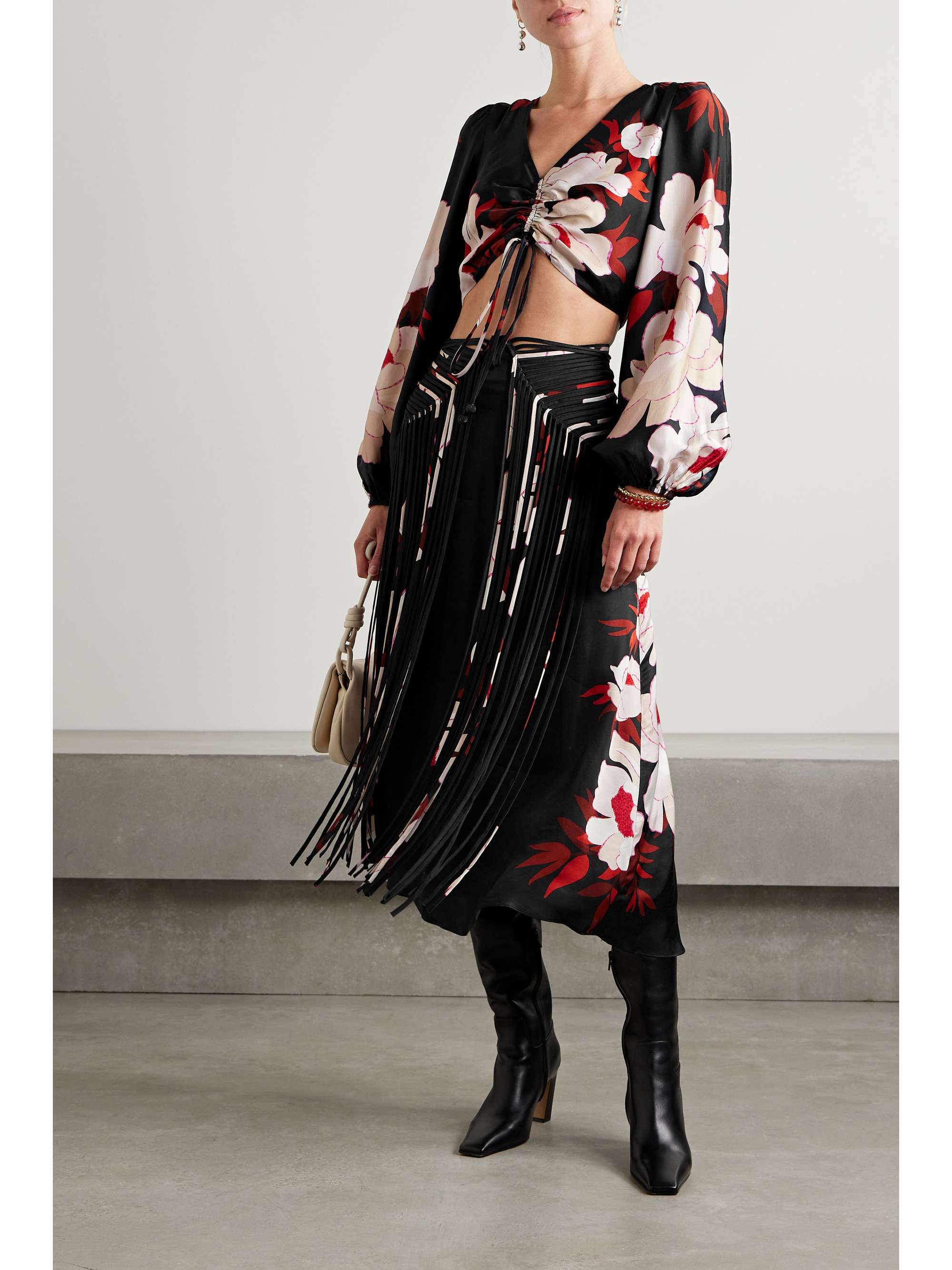 FARM RIO Cropped gathered floral-print duchesse-satin blouse | NET-A-PORTER