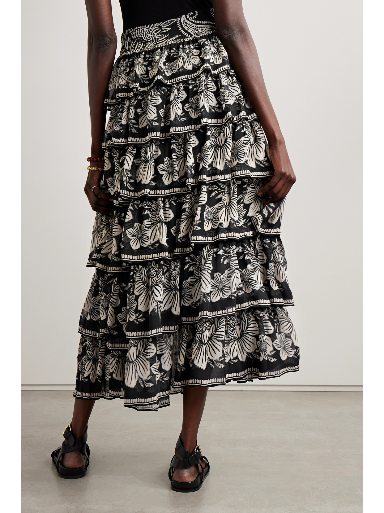 Farm Rio Tiered Maxi Skirt In Pasley Bloom Black | ModeSens