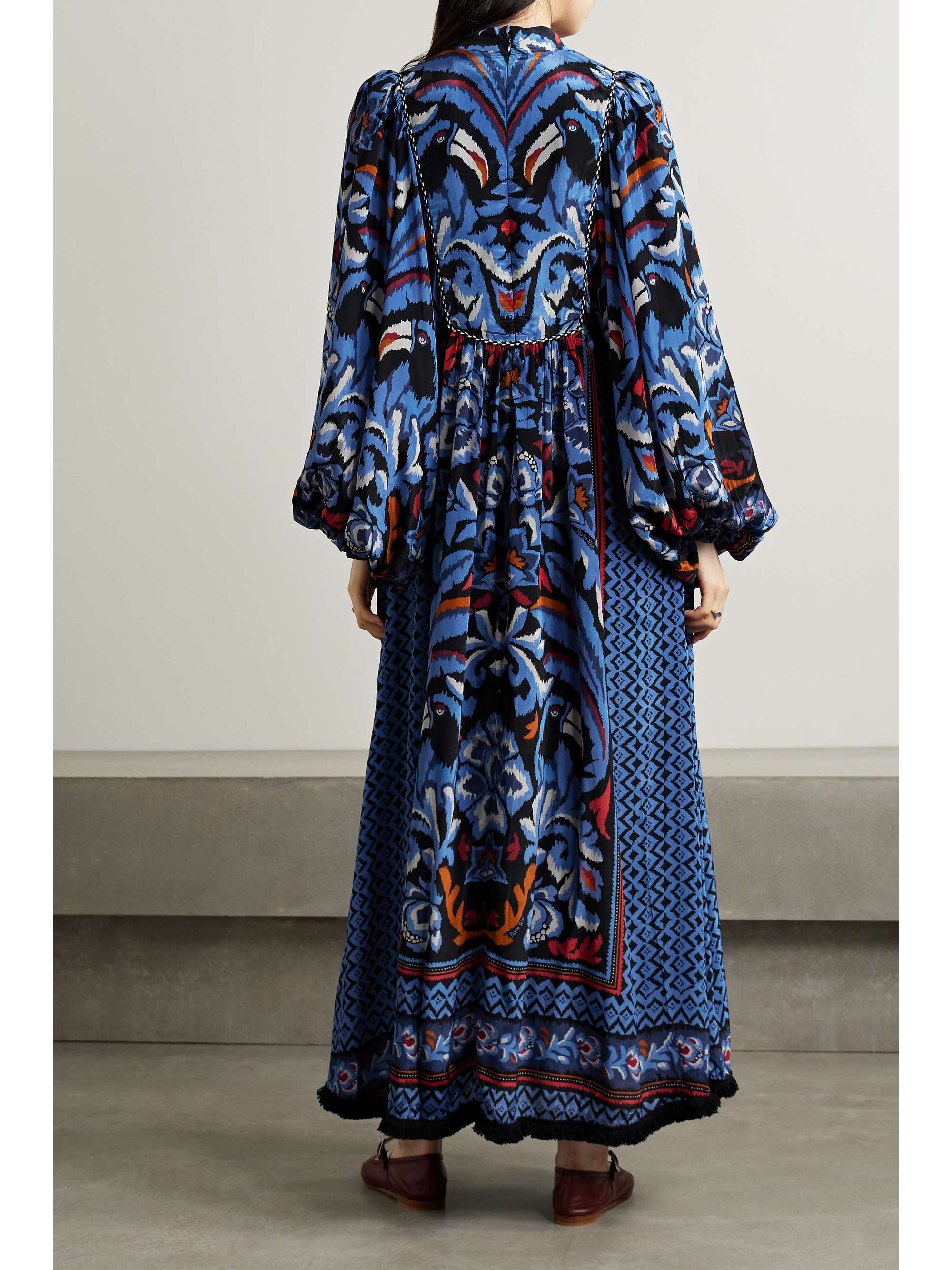 FARM RIO Fringed gathered printed satin maxi dress | NET-A-PORTER
